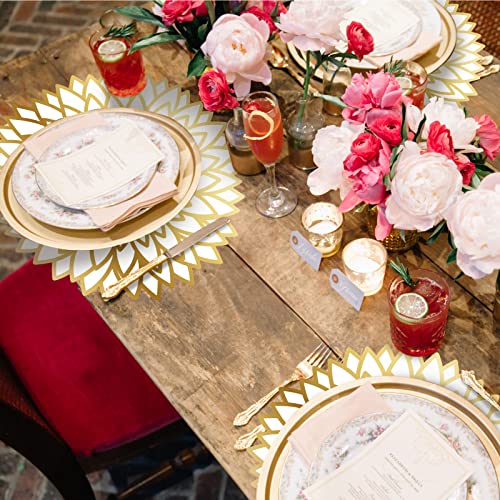 100 Pack Disposable Gold Metallic Round Paper Place Mats 13 Inch Laminated Paper Leaf Dining Table Decoration Pressed Paper Round Table Mates for Dining Table Wedding Home Decoration (Gold Bloom)