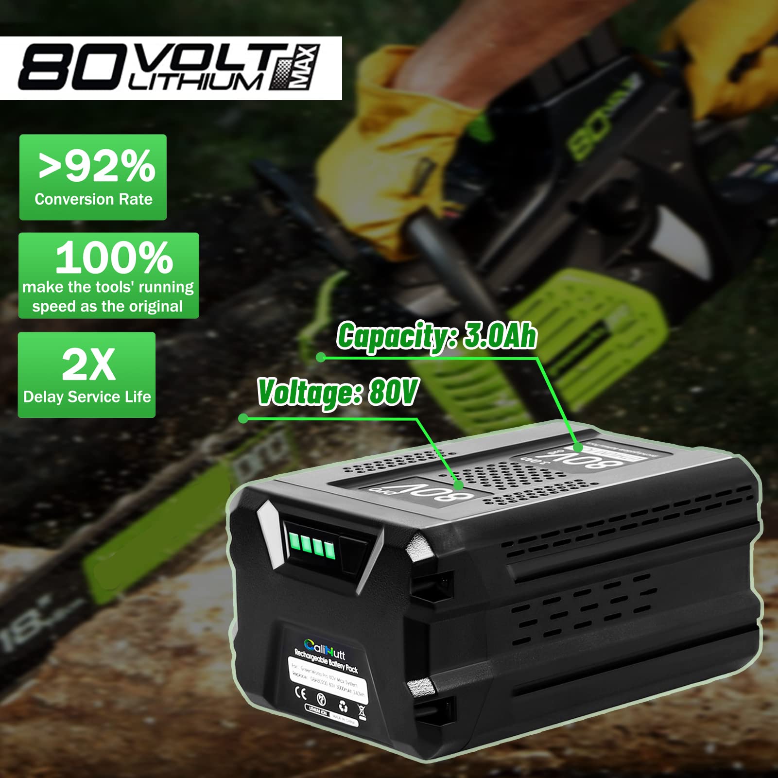【3rd-version】CaliHutt 3.0Ah 80V Replace Battery for Greenworks PRO 80V Max Lithium lon Battery GBA80200 GBA80250 GBA80400 GBA80500 2901302 for Greenworks 80V Cordless Power Tool (Only for Greenworks)