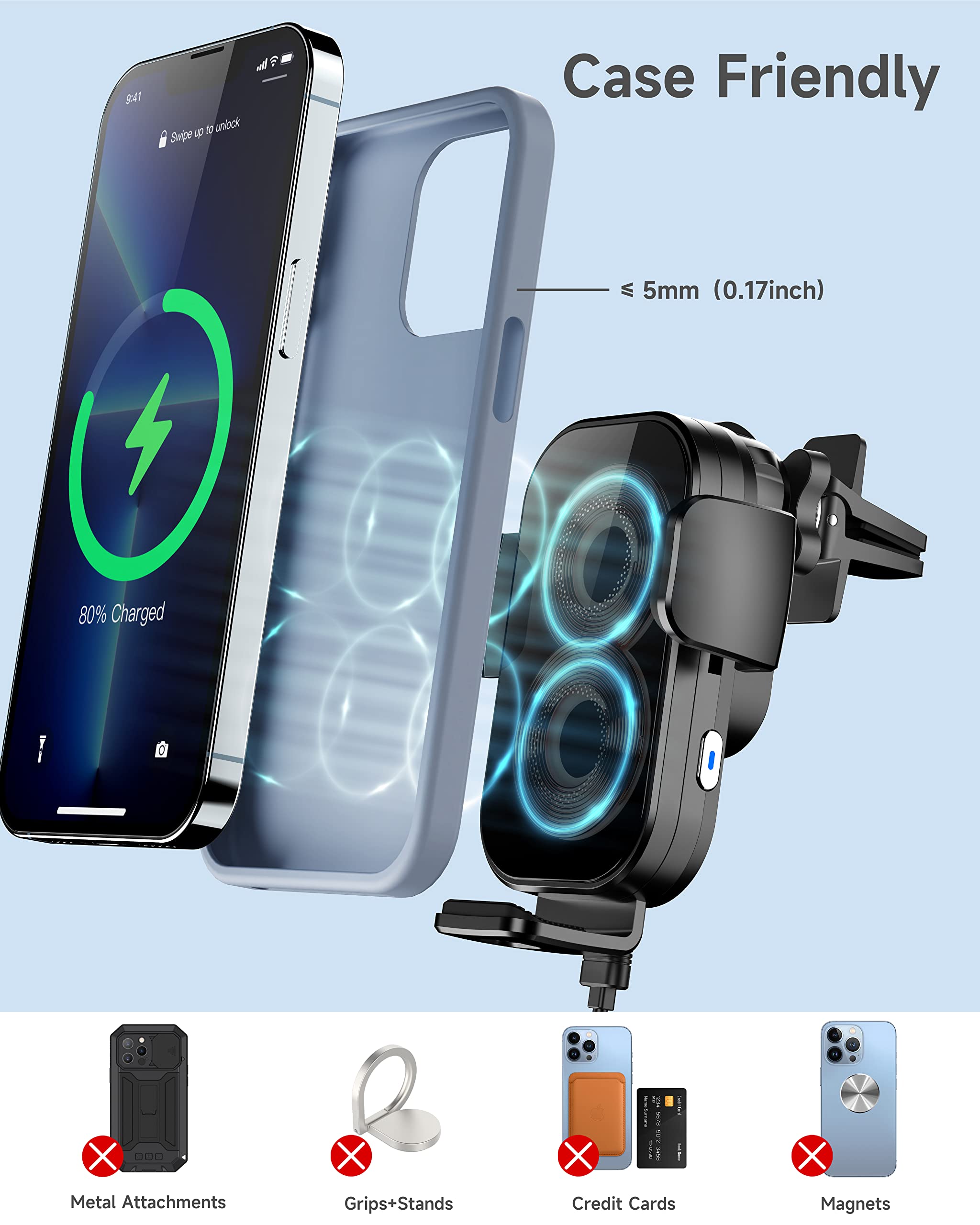 【Dual Coils & 2 Vent Mounts】 Wireless Car Charger, Casunit 15W Dual Coil Fast Charging Auto-Clamping Car Mount for iPhone 14 13 12 Pro Max Mini/Samsung Galaxy Z Flip 4 3 5G S21/LG/Pixel 6 Pro (Black)