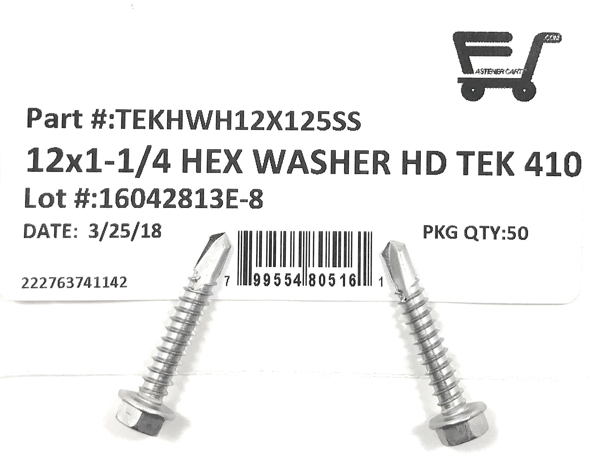#12x1 1/4 Stainless Steel Hex Washer Head Self Drilling Tapping TEK Screw (410 Stainless Steel) 50 Pieces 12x1-1/4