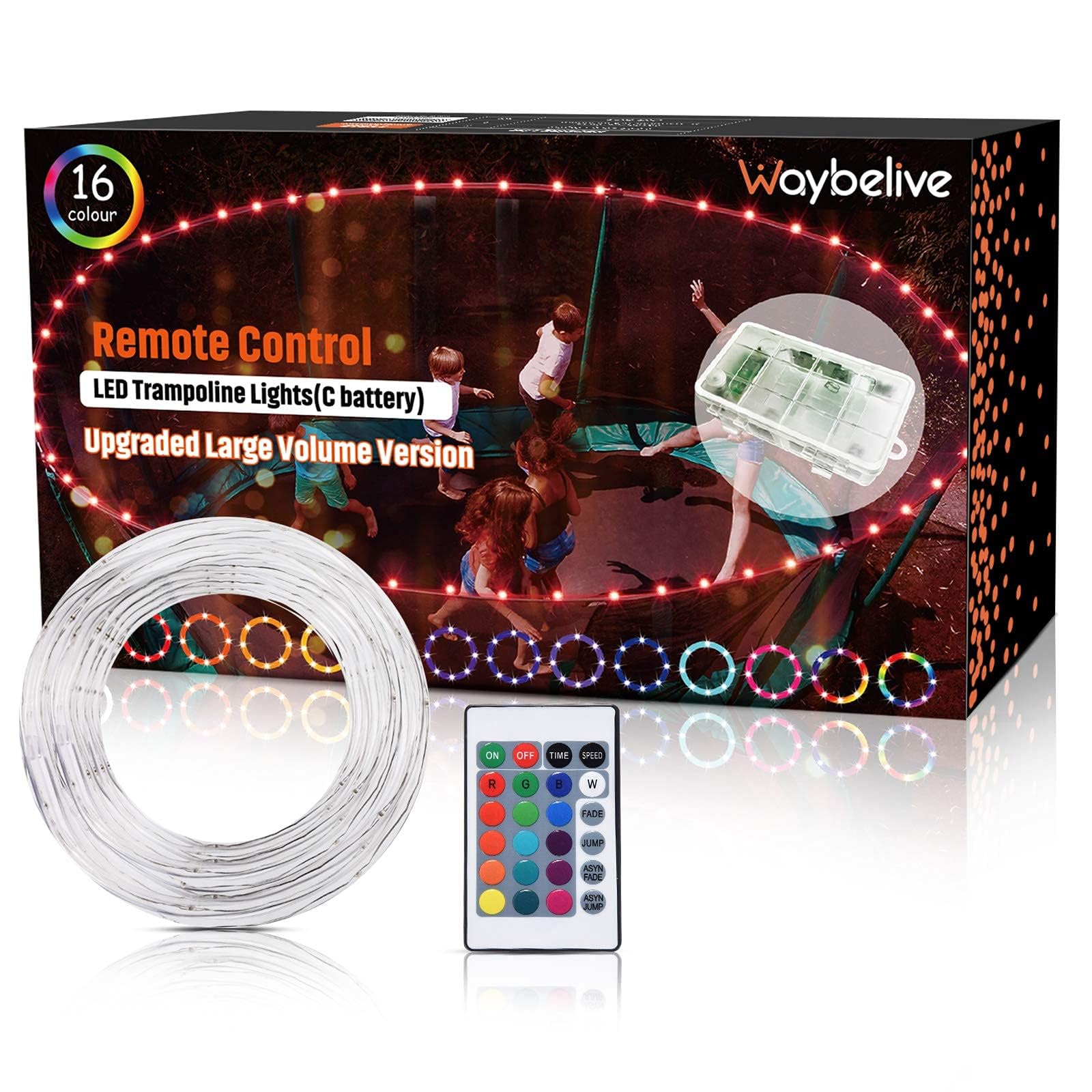 【Upgraded Large Volume&Longer Version】 LED Trampoline Lights,Remote Control Trampoline Rim LED Light for 12Ft Trampoline, C Battery Box, 16 Color Change, Waterproof, Bright to Play at Night Outdoors