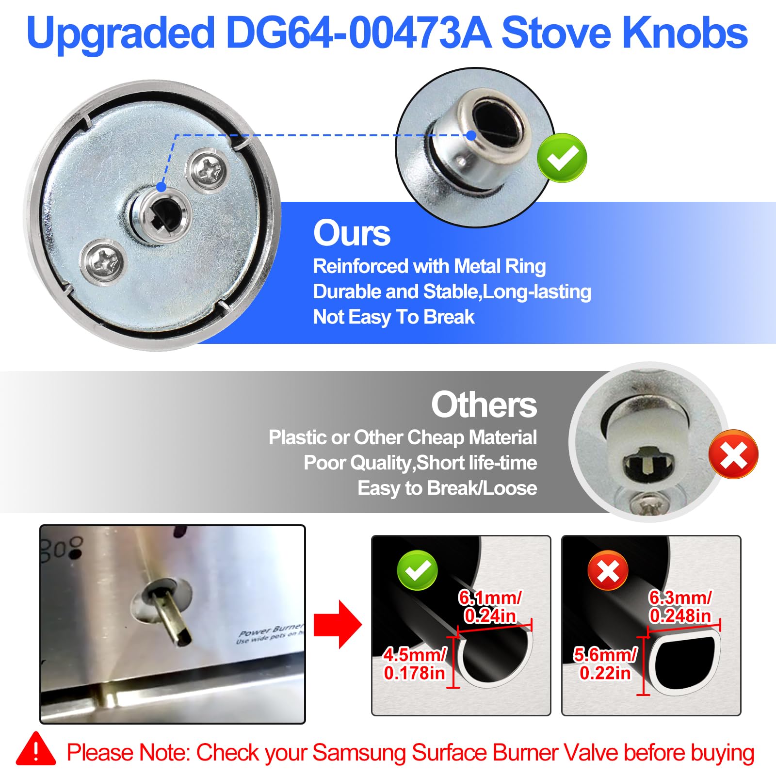 [Upgraded] DG64-00473A Stove Knobs Compatible with Samsung Gas Range, Reinforced Stainless Steel Protection Power Ring, Ultra Durable Control Knobs Replacement for Samsung Stove Burner Oven (5 Pack)