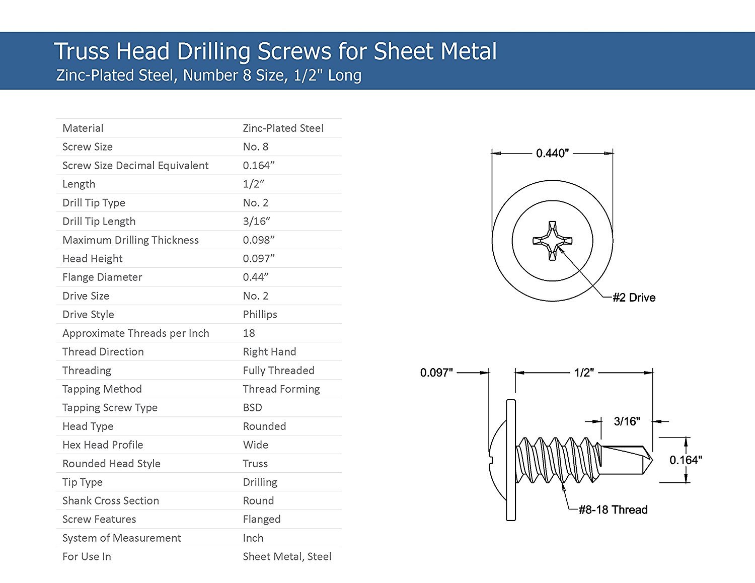 #8 x 1/2" Phillips Modified Truss Head Self-Drilling Tek Screw, Zinc-Plated Steel for Sheet Metal Attaches Wire Lath to Metal Studs - Box of 100