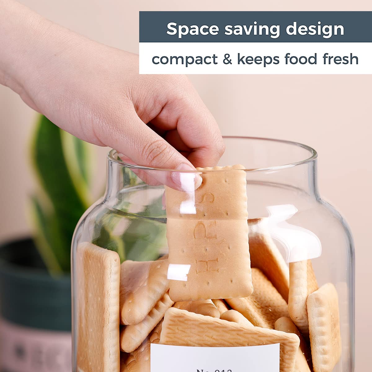 1 Gallon Large Glass Cookie jar with Airtight Acacia lids - Thicken Big Food Storage Containers with 42 Kitchen Waterproof Pantry Labels Preprinted - Clear Glass Canister for Flour, Rice, Coffee
