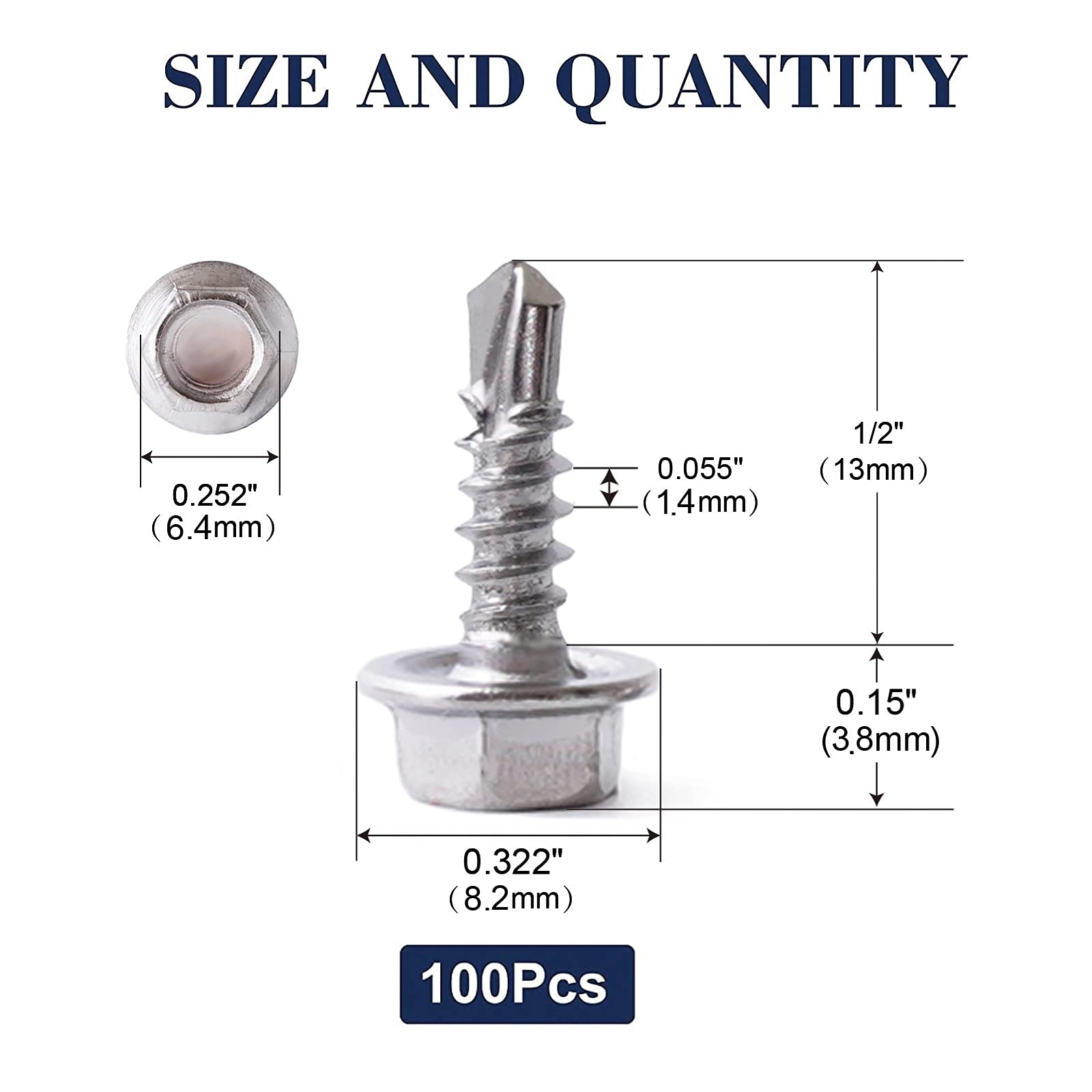 #8 x 1/2" Sheet Metal Screws 100PCS 410 Stainless Steel Hex Washer Head Fast Self Tapping Screws by SG TZH