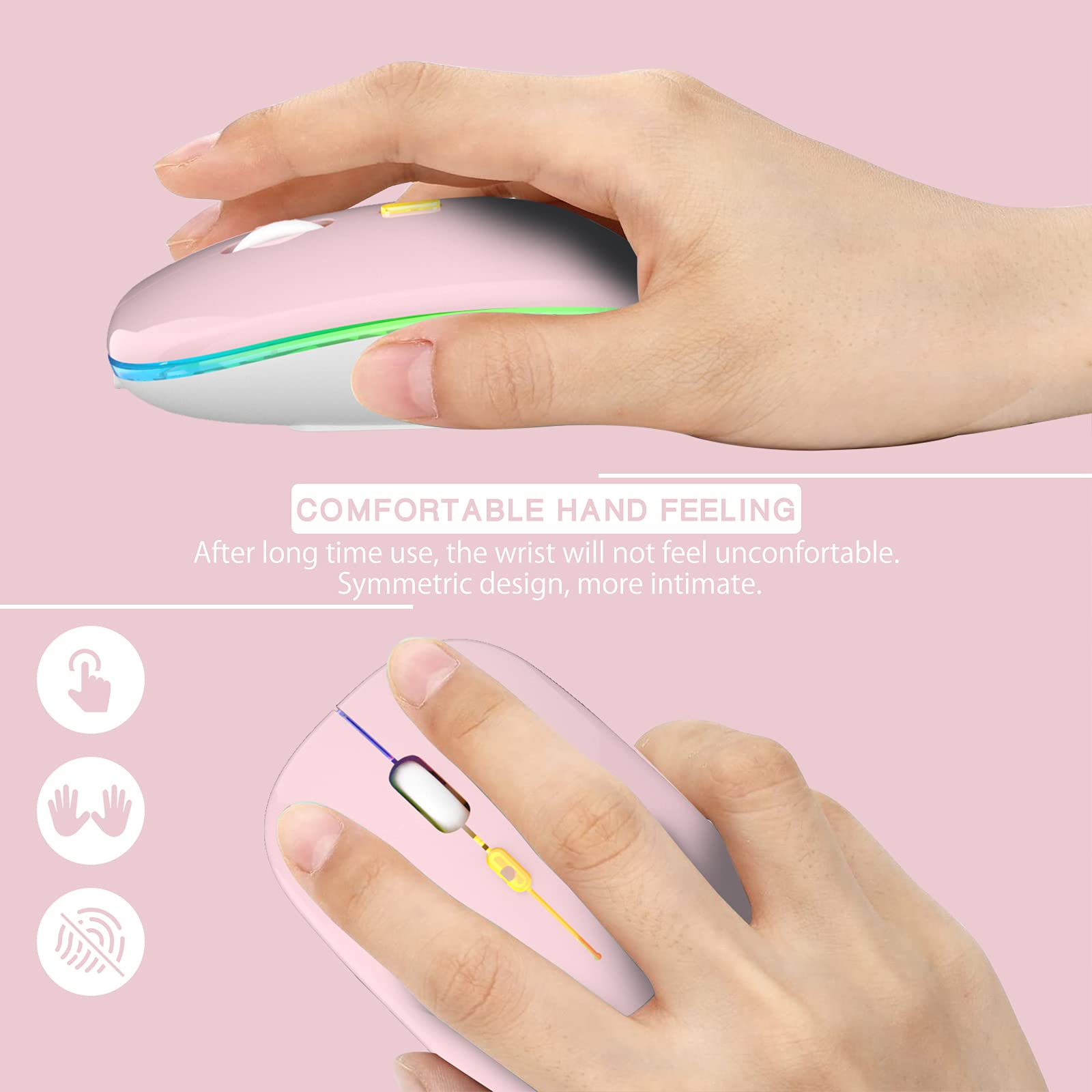 【Upgrade】 LED Wireless Mouse, Slim Silent Mouse 2.4G Portable Mobile Optical Office Mouse with USB & Type-c Receiver, 3 Adjustable DPI Levels for Notebook, PC, Laptop, Computer, MacBook (Pink)