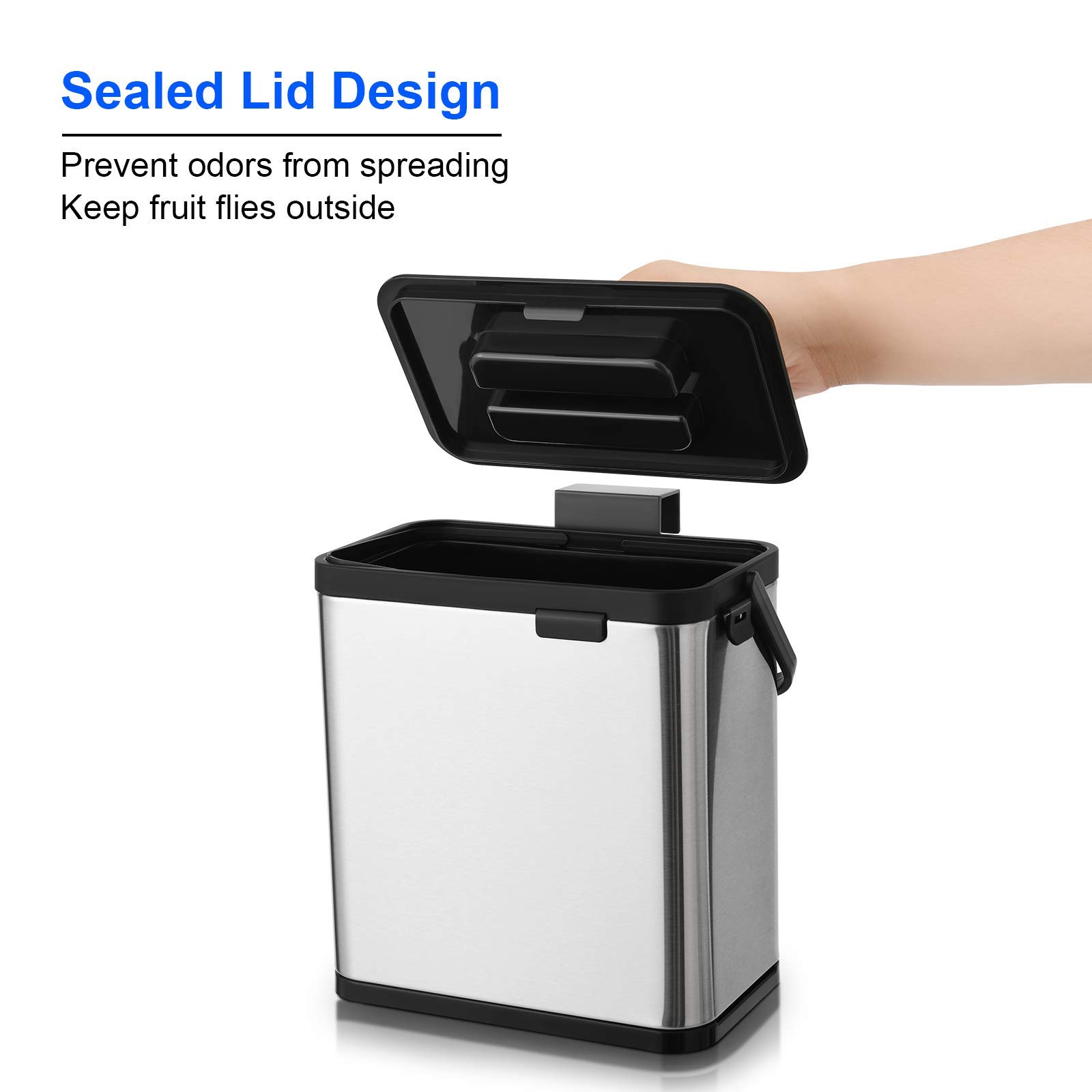 0.8GAL Compost Bin Indoor Kitchen Sealed by SUBEKYU, Stainless Steel Small Hanging Trash Can with Lid for Cabinet Door, Metal Compost Bucket and Garbage Can for Under Sink/Wall Mounted/Countertop
