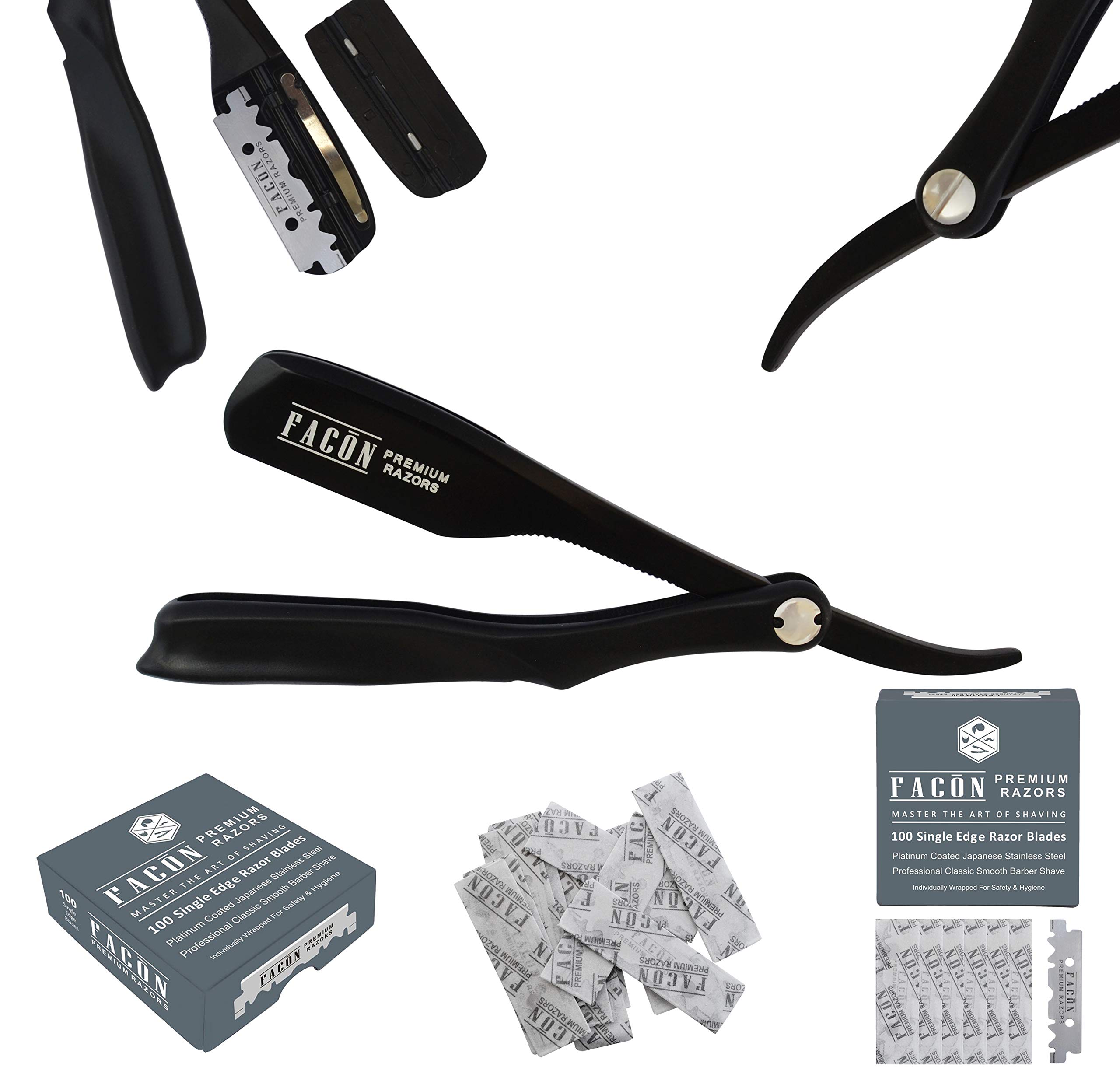 100 BLADES + Facón Professional Classic Japanese Straight Edge Barber Razor - Salon Quality Cut Throat Shavette
