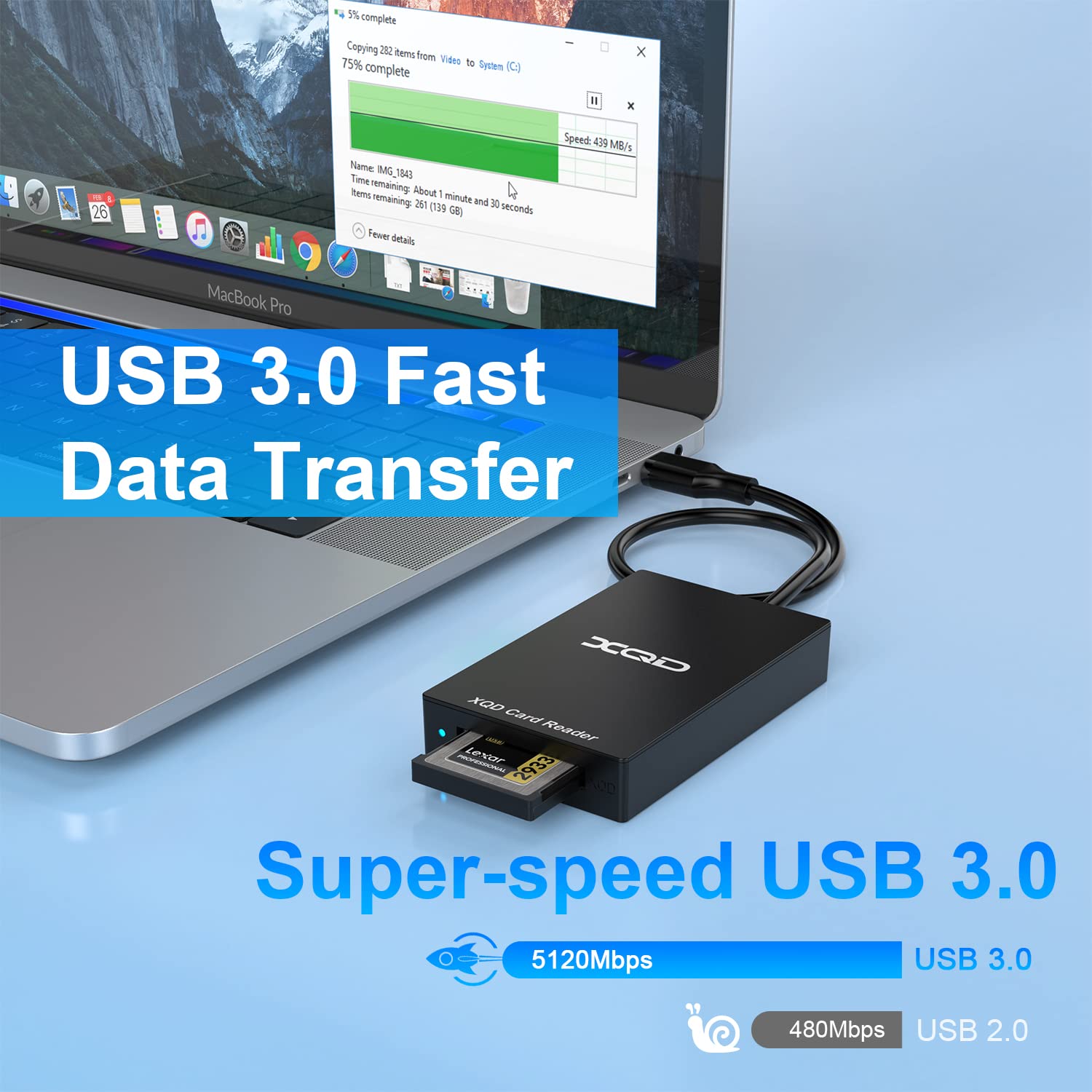 【Upgraded Version】USB C XQD Card Reader, Rocketek XQD Reader Compatible with Sony G/M Series USB Mark XQD Card, Lexar 2933x/1400x USB C Mark XQD Card for Windows/Mac OS. Type C XQD Memory Card Reader
