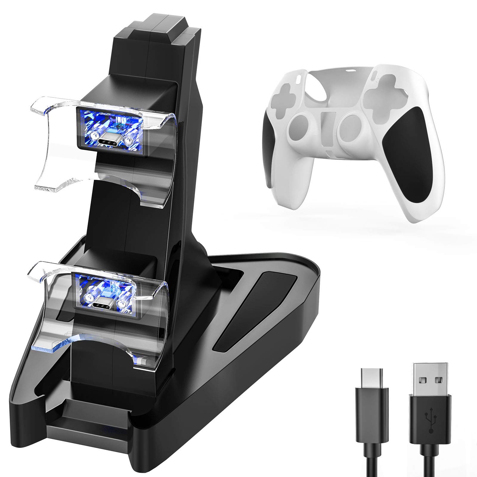 【2.0 Upgraded】Dual PS5 Controllers Charger with Hyper Cover for DS, KKUYI PS5 Controller Charging Station, Fast Charger Stand Dock for Sony Playstation 5 DualSense with Dual USB C Ports LED Indicator