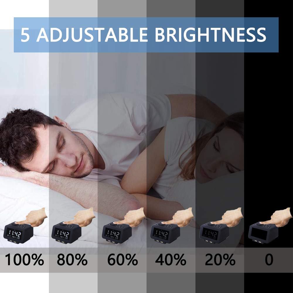 【Upgraded】Digital Alarm Clock, FM Radio, Dual USB Charging Ports, Temperature Detect, Dual Alarms with 7 Alarm Sounds, Snooze, 6-Level Brightness Dimmer, Batteries Operated, for Bedroom, Sleep Timer