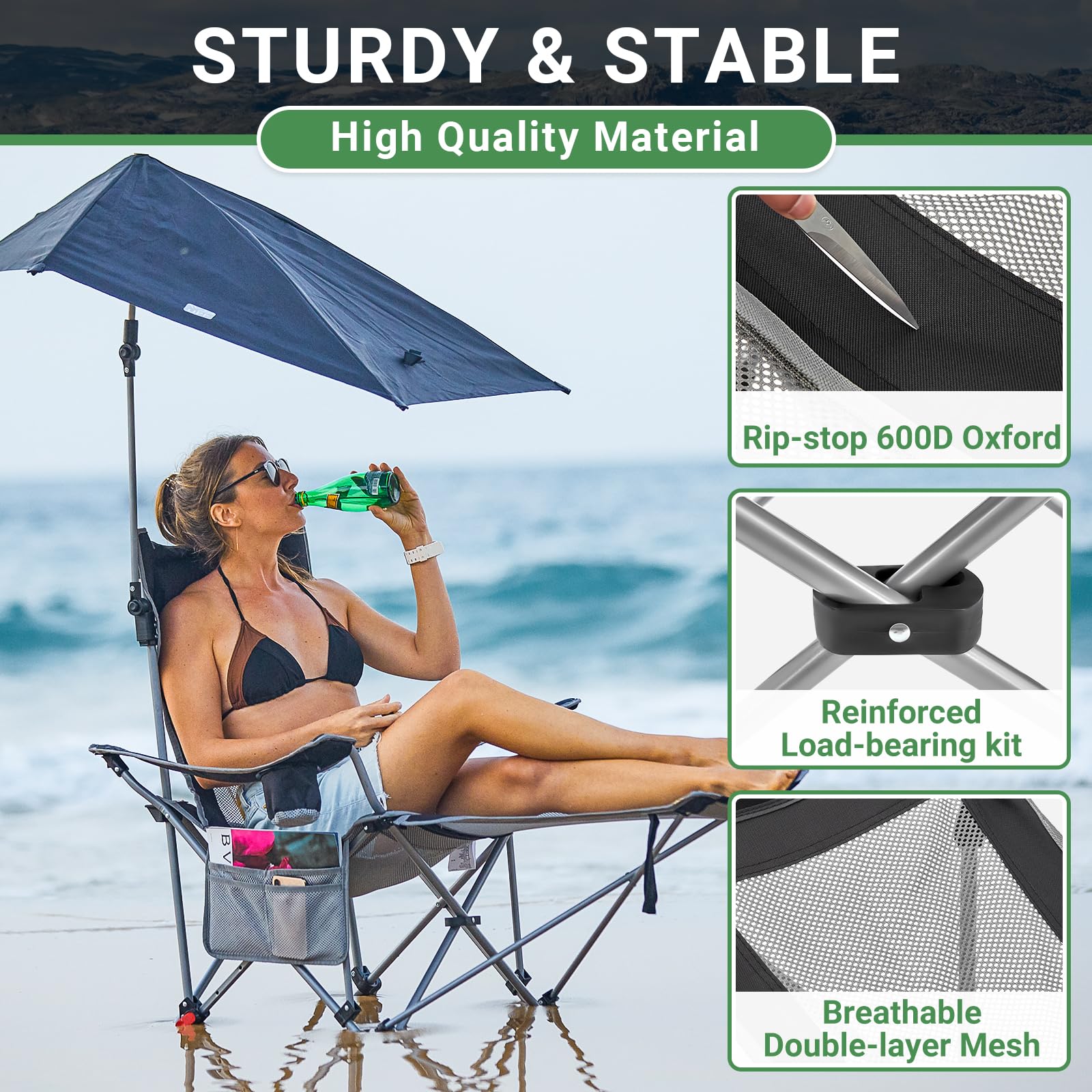 #WEJOY 2-in-1 Reclining Camping Chair with Removable Umbrella Lightweight Folding Camping Chair with Adjustable Backrest & Footrest Portable Patio Lounge Chair with Headrest, Cup Holder for Outdoor