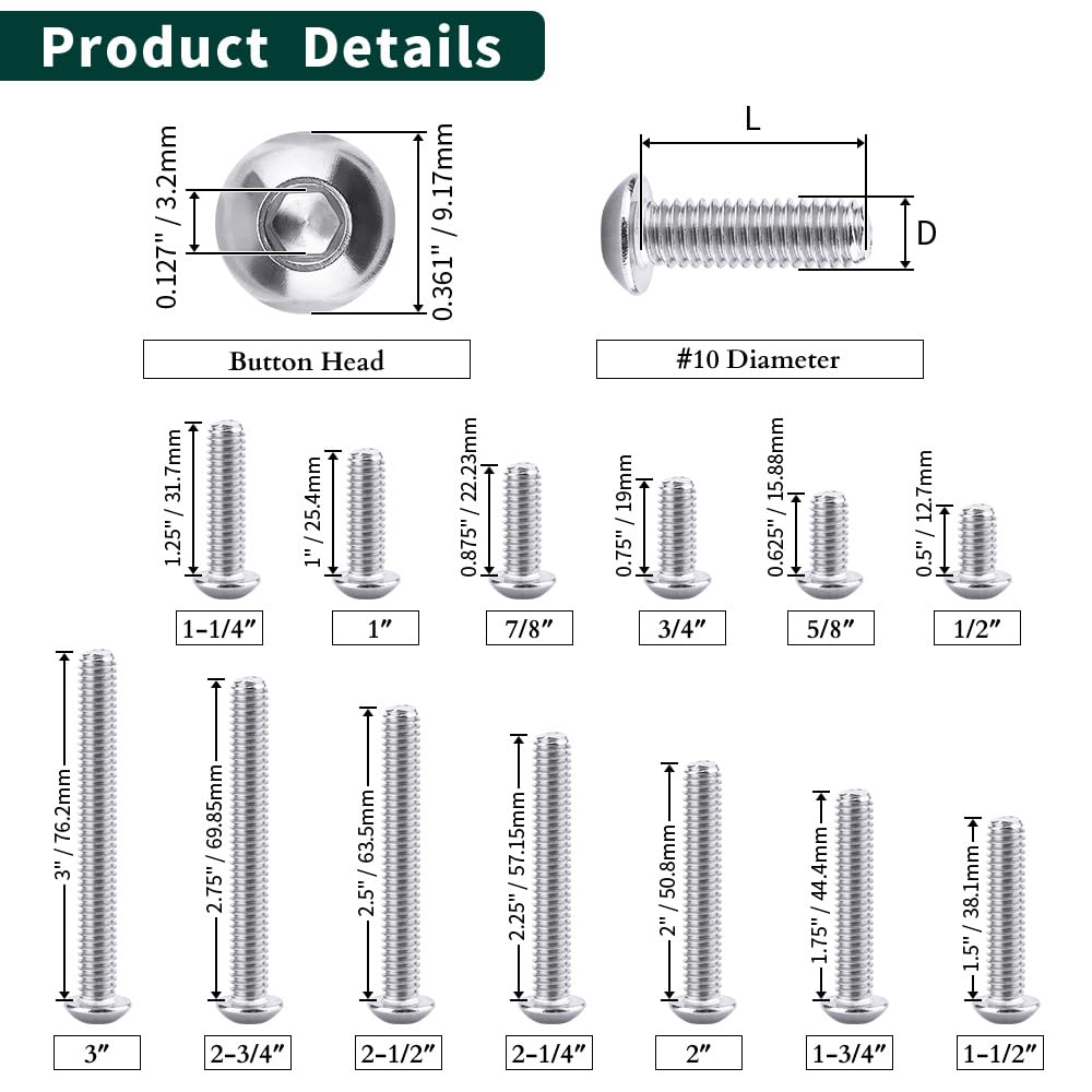 #10-32 x 3/4" (50 PCS) Button Head Socket Cap Bolts Screws, 304 Stainless Steel 18-8, Allen Hex Drive, Full Thread