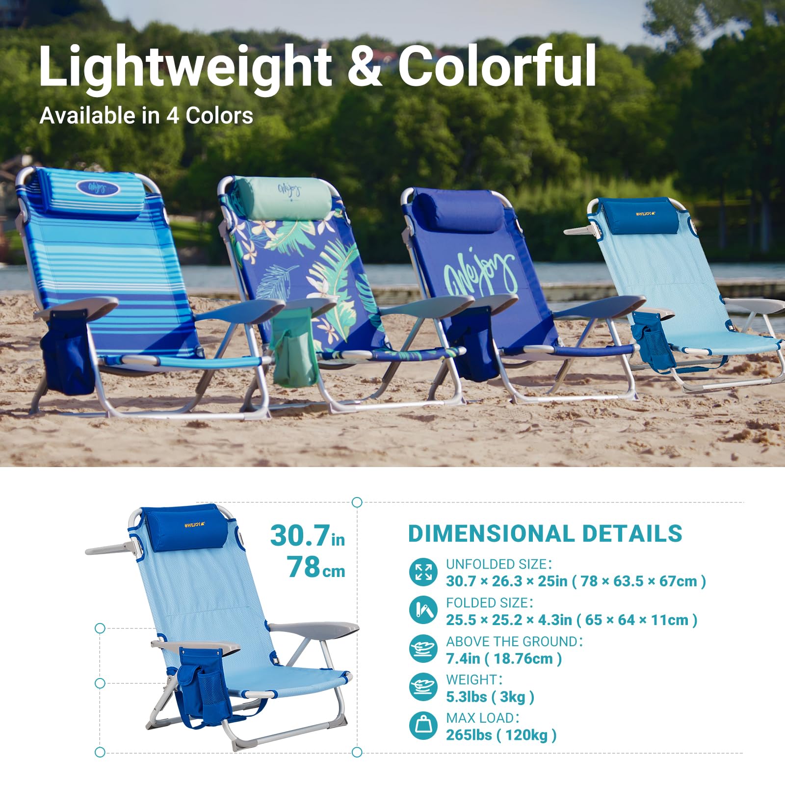 #WEJOY Aluminum Lightweight 4-Position Backpack Beach Chair, Reclining Low Seat Folding Beach Chairs for Adults with Carry Strap Cup Holder Pocket Armrest Headrest for Outdoor Camping Concert Lawn