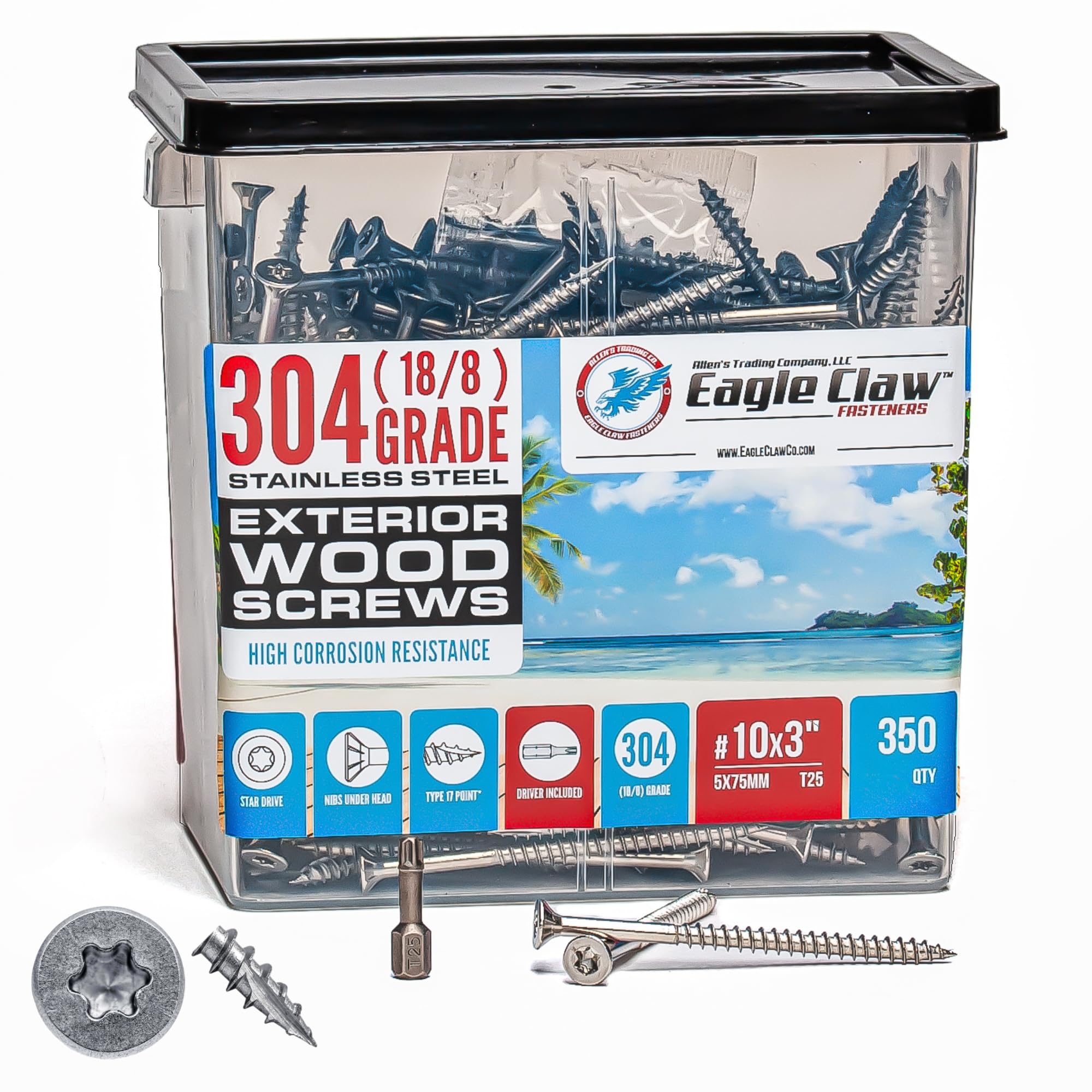 #10 x 3 Inch Stainless Steel Deck Screws 350 Pieces | T25 Star Torx Drive Flat Head | 304 Grade Stainless Steel Wood Screws High Corrosion Resistance by Allen's Trading Co. Eagle Claw Fasteners