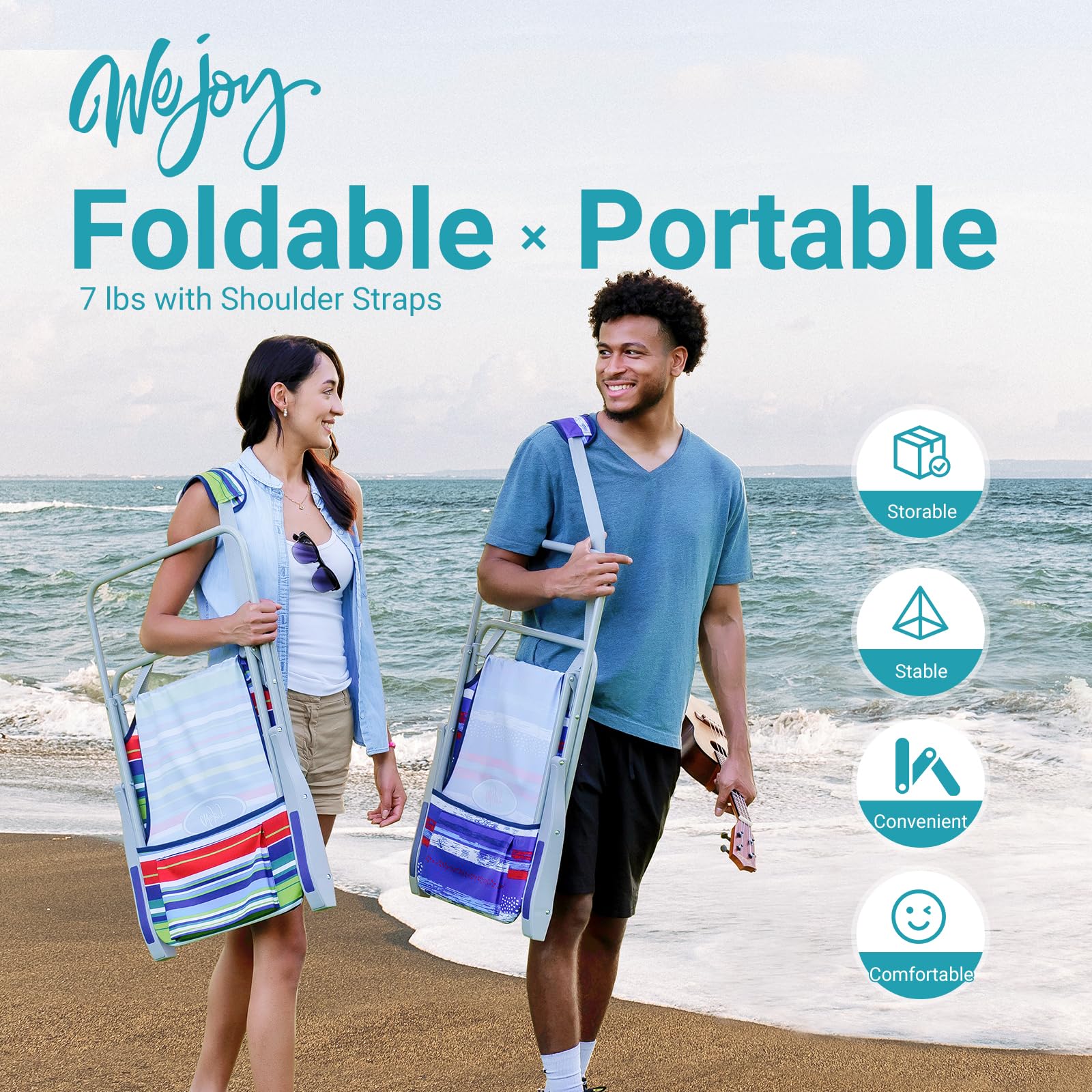#WEJOY Folding Beach Chair for Adults, Lightweight Beach Chair with Shoulder Straps, High Back Beach Chairs with Hard Armrest, Supports 300lbs for Beach Lawn Concert