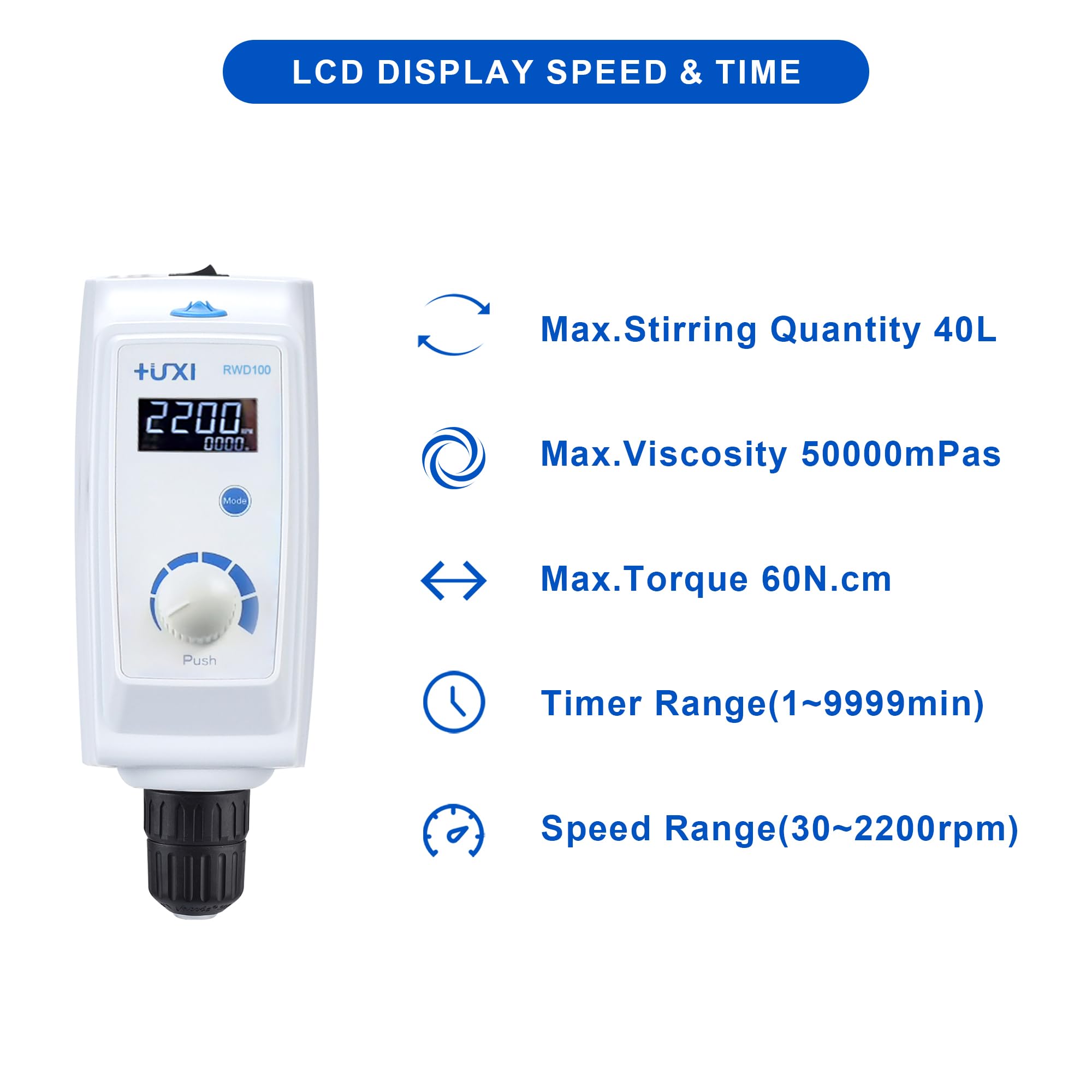 +UXI Overhead Stirrer 40L LCD Digital Labotary Lab Stirrers Mixer Time and Speed Adjustable 30-2200rpm Max.100L Max.100000mpa.s Industrial Stirrer Mixer Homogenizer Grinder 110V 20/40/60/100L