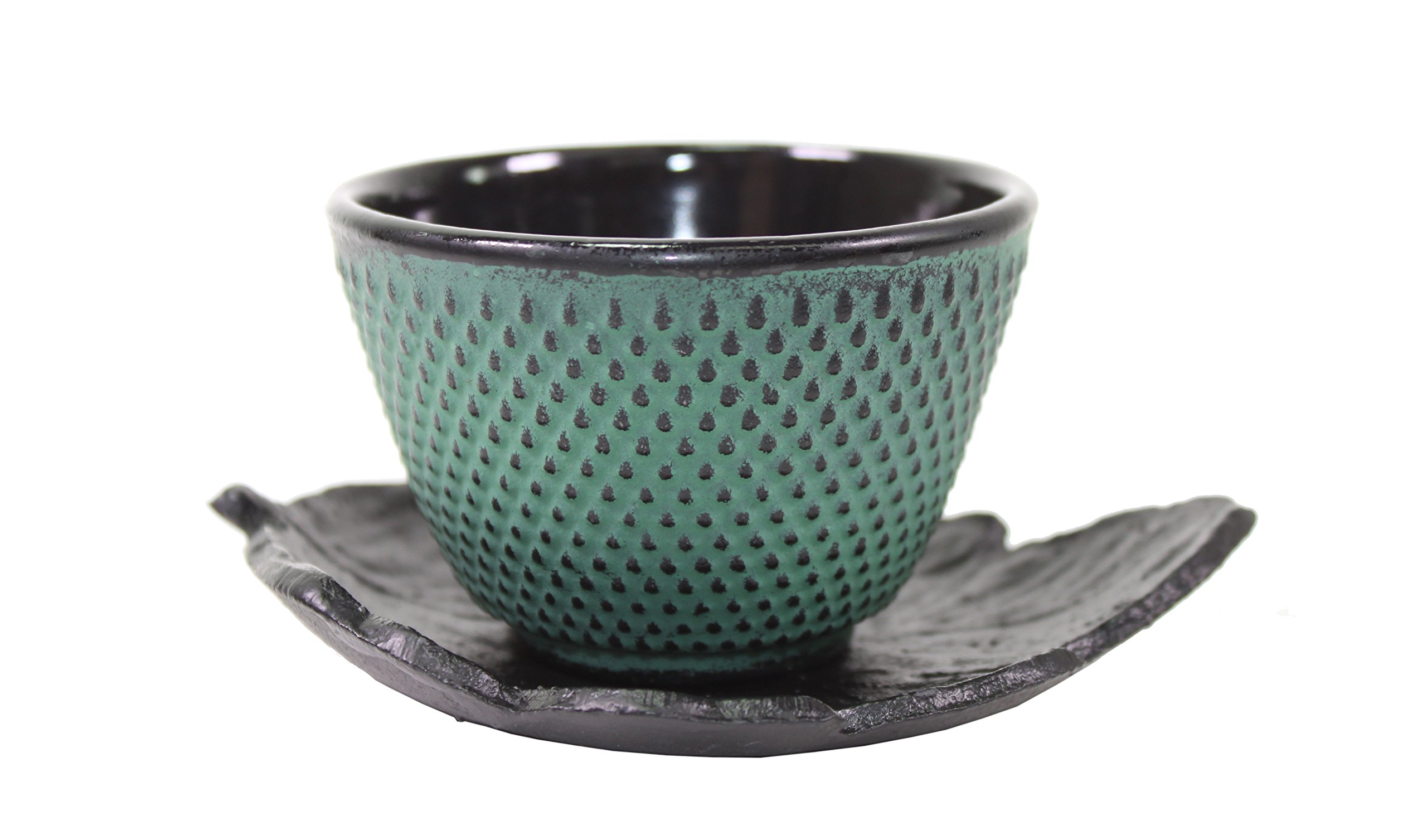 1 Black Leaf Teacup Saucer + 1 Green Polka Dot Hobnail Japanese Cast Iron Tea Cup Teacup ~ We Pay Your Sales Tax