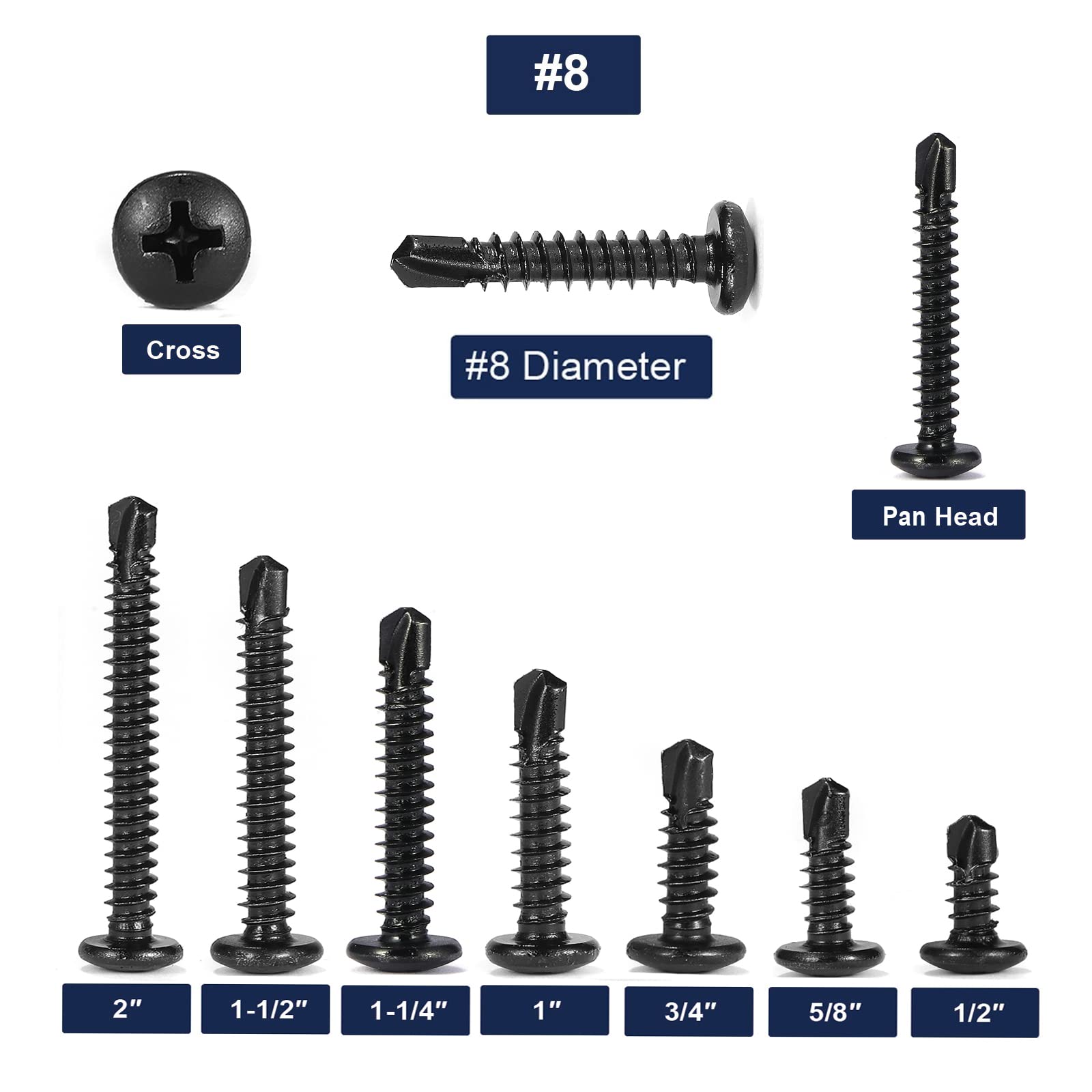 #8 x 3/4" Sheet Metal Screws 100Pcs 410 Stainless Steel Pan Head Tek Screws Fast Self Tapping Screws Black Oxide by SG TZH