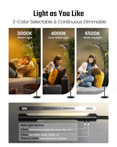 【Upgrade】SUPERDANNY Double Side LED Floor Lamp, RGB & Dimmable Bright Task Light with 6500K-3000K-4000K Color Temps, Adjustable Gooseneck, Standing Office Lamp for Reading, Living Room, Bedroom, Home