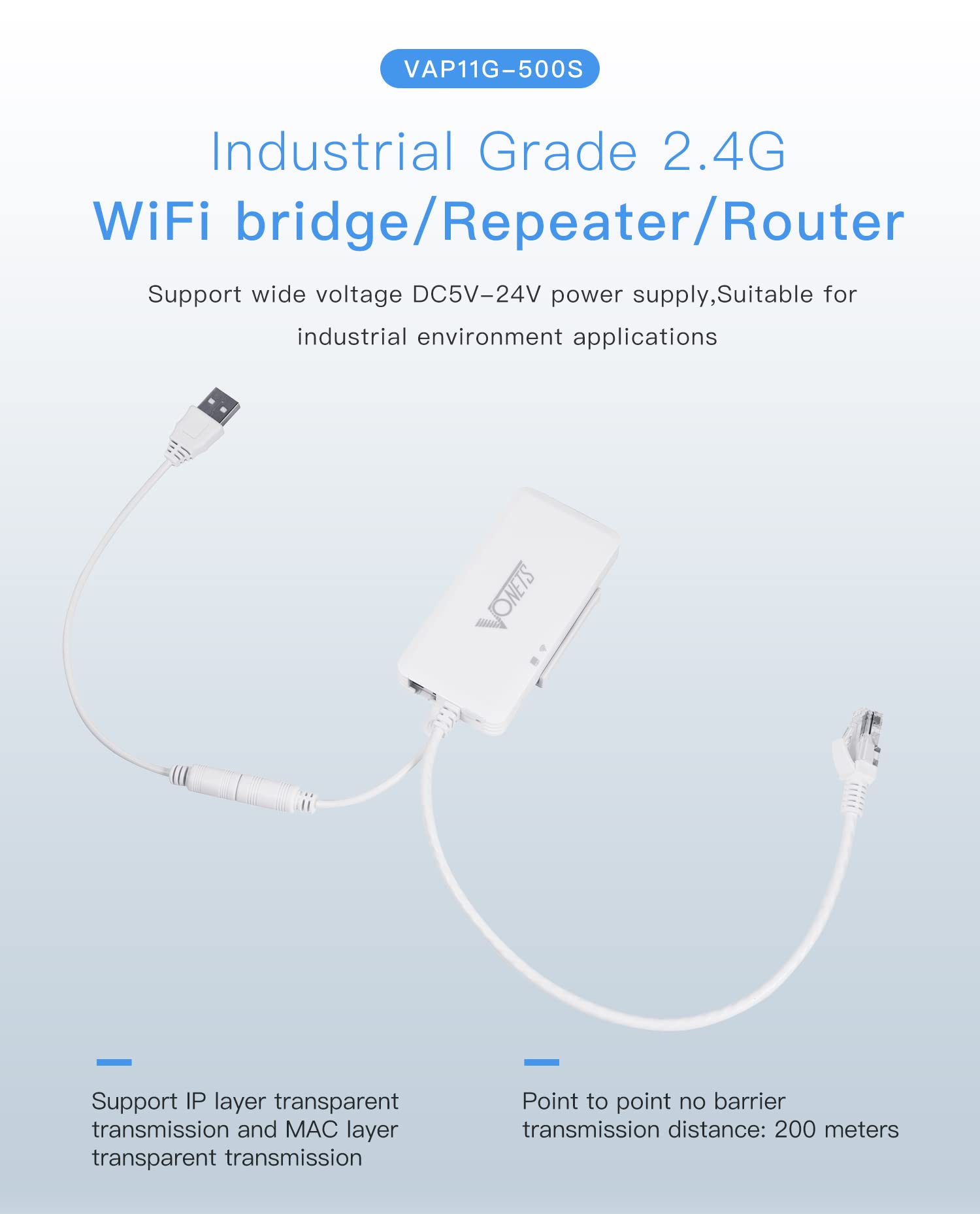 【Upgraded Version】 VONETS VAP11G-500S Industrial High-Power 2.4GHz WiFi Bridge/Wireless Router/Ethernet WiFi to Ethernet Adapter for Industrial Application, PLC, Printer, Medical, Network Devices