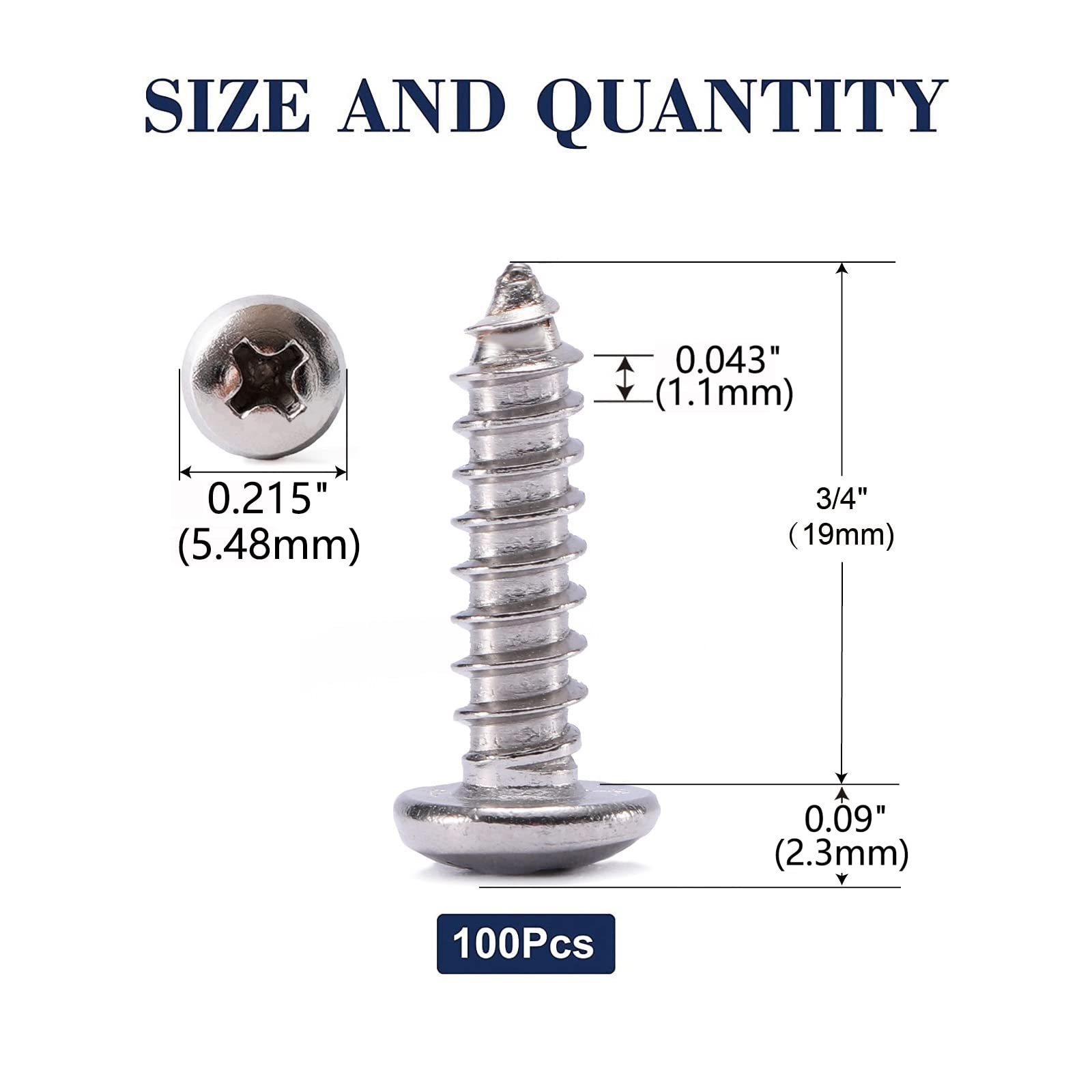 #4 x 3/4" Wood Screw 100Pcs 18-8 (304) Stainless Steel Pan Head Fast Self Tapping Drywall Screws by SG TZH