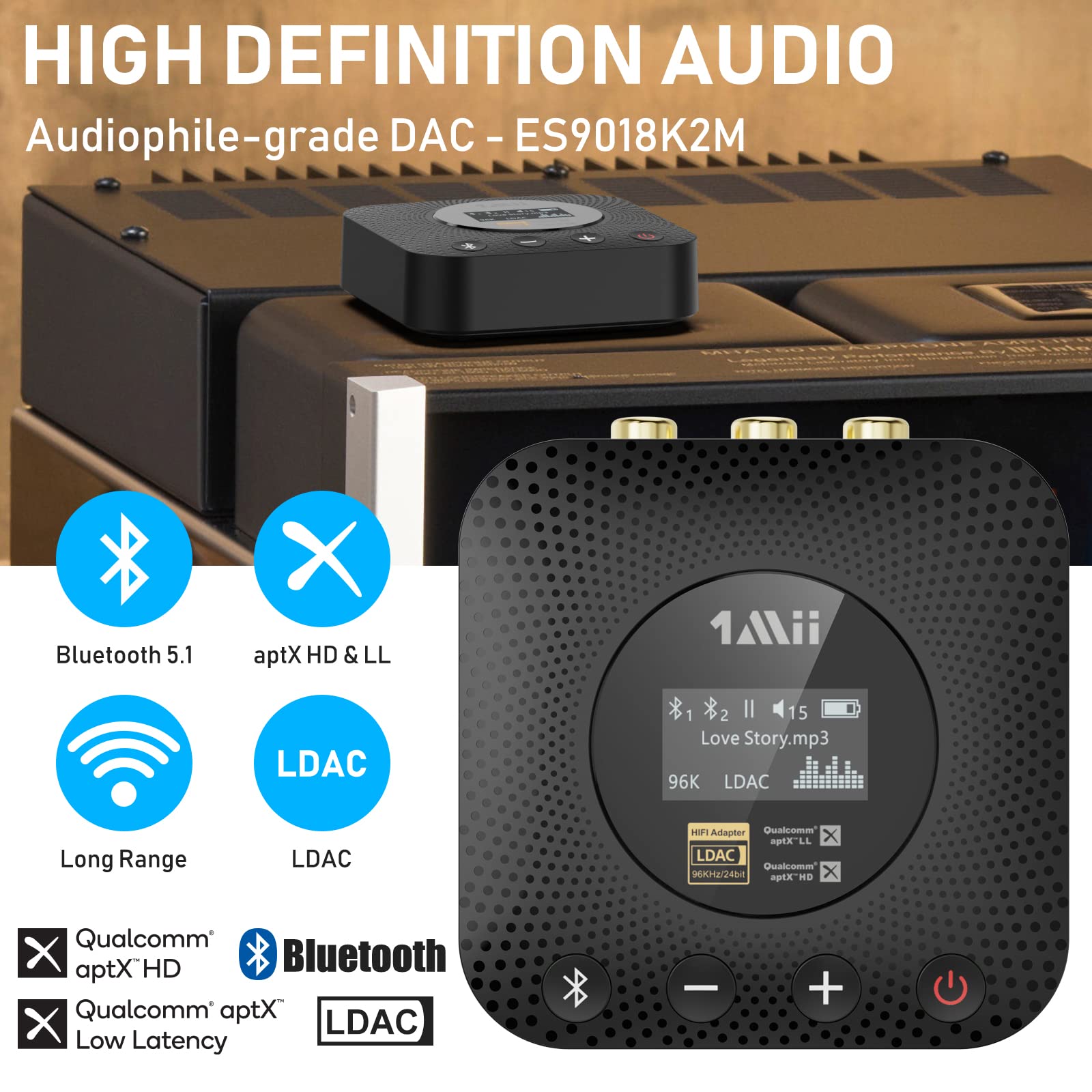[Upgraded] 1Mii B06 Plus Bluetooth Receiver, HiFi Wireless Audio Adapter, Bluetooth Receiver with 3D Surround Low Latency for Home Music Streaming Stereo System (White)