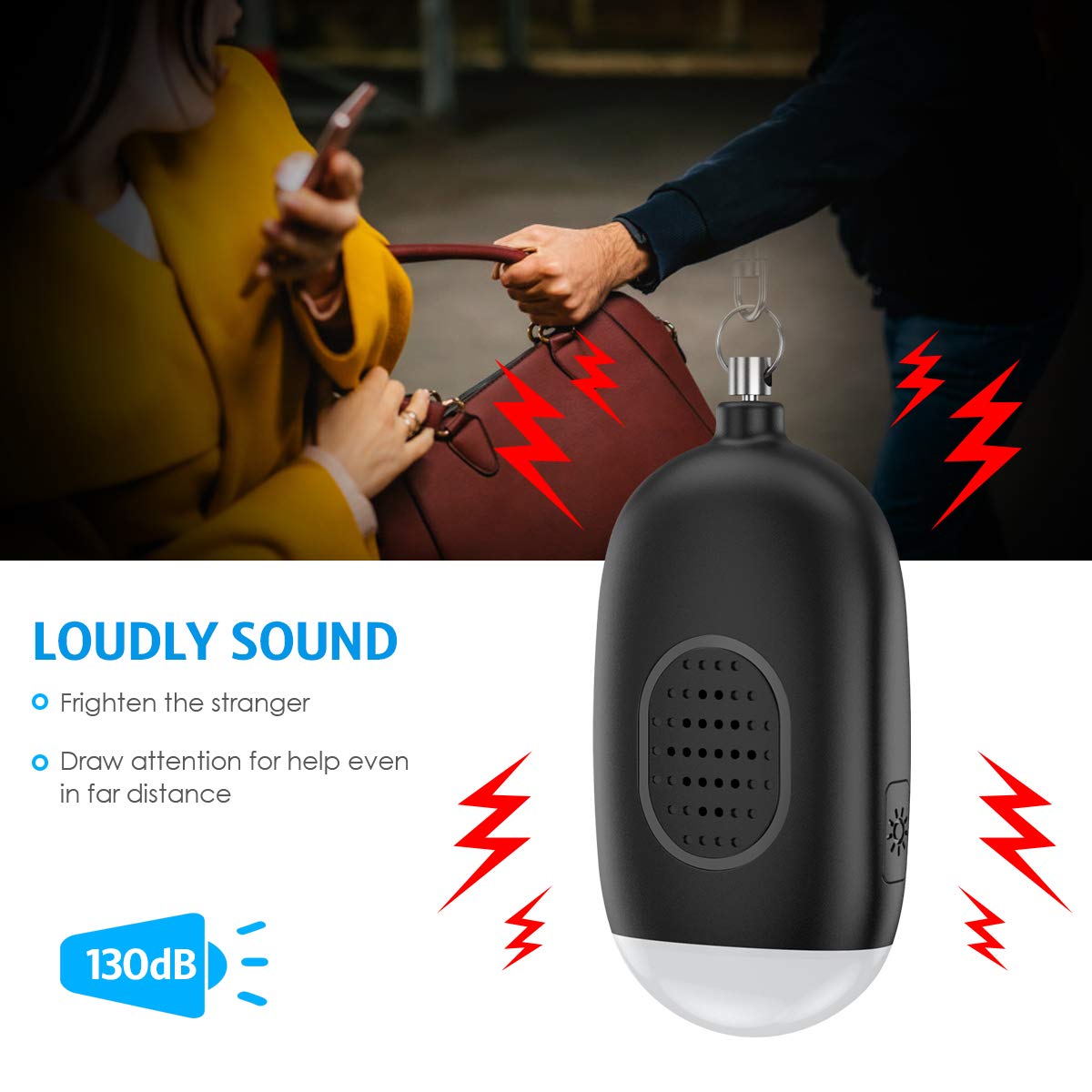 [Upgraded New Version] AMIR Safe Sound Personal Alarm - 130dB Emergency Alarm Keychain with LED Flashlight, Security Personal Protection Devices for Women, Girls, Kids and Elderly(2 Pack-Black&White)