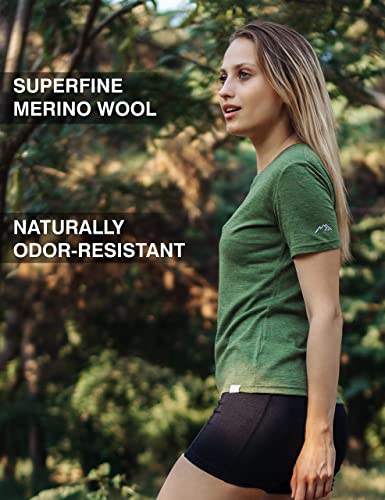 100% NZ Organic Merino Wool Lightweight Women's Base Layer Thermal Short Sleeve T-Shirt + Merino Wool Hiking Socks Bundle (Medium, Purple V-Neck)