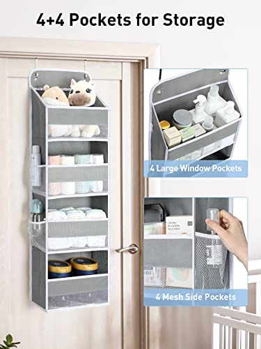 1 Pack Over the Door Organizer, Yecaye 35.2lbs Load Closet Door Organizer Hanging, Swing-proof Diaper Organizer Storage with 4 Big Pockets 4 Side Mesh Pockets for Nursery Newborn Baby Essentials Stuff