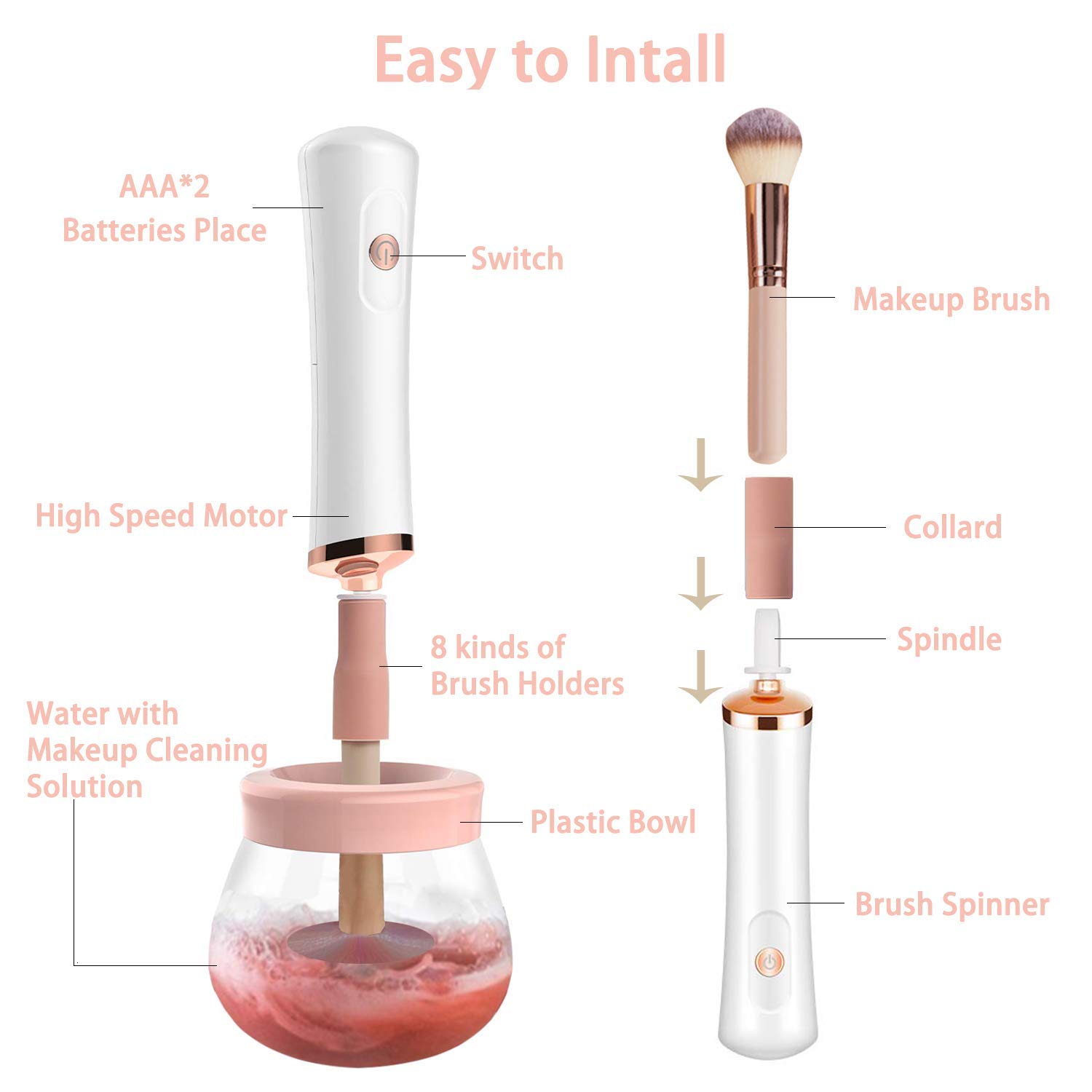 【Upgraded】Makeup Brush Cleaner, Electric Make Up Spinning Dryer, Super-Fast Automatic Spinner Machine, Battery Operated, Pink