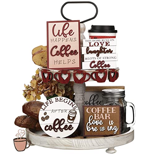 10 Pieces Coffee Tiered Tray Decor Rustic Wooden Coffee Bar Signs Wood Coffee Bar Decorations Farmhouse Coffee Bar Decor Coffee Vintage Table Centerpiece for Christmas Kitchen Party Decor