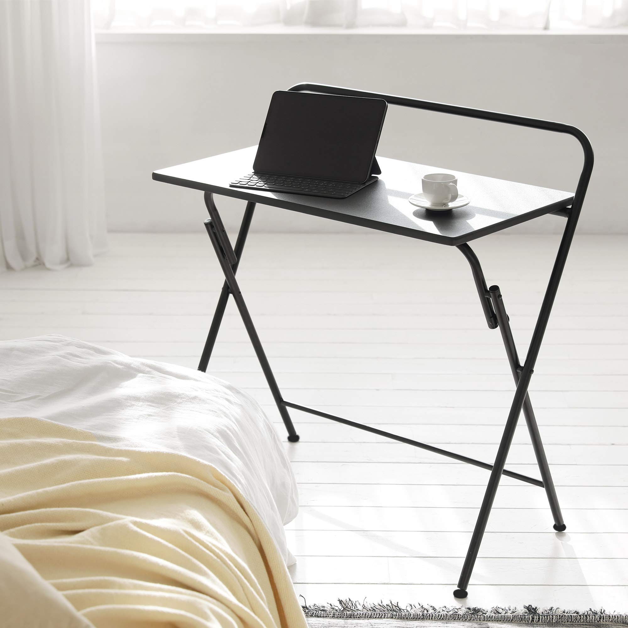 【Roomnhome】 27'' Height Foldable Home Office Desk, for Small Space, Metal Frame with Plastic Sheet Coated Desk Surface (Black)