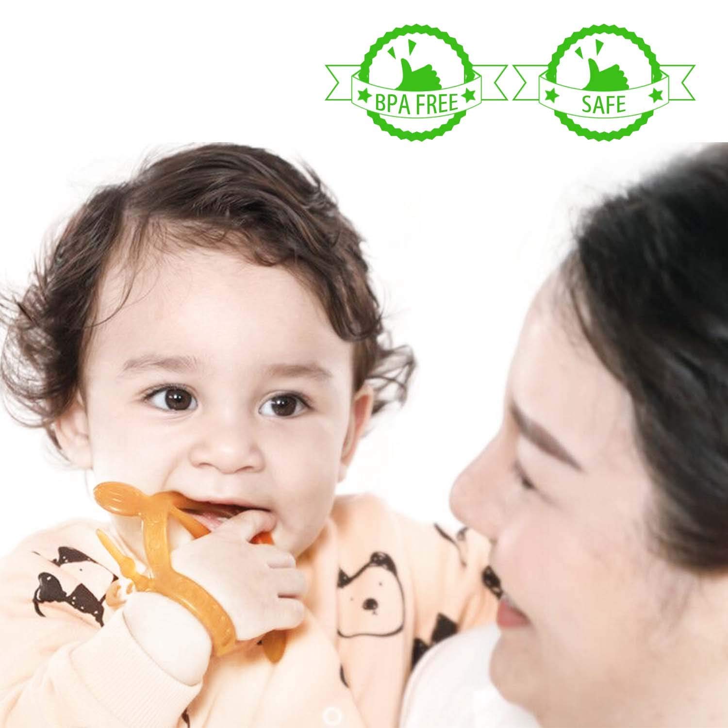 【Never Drop from Hand】 HEORSHE 2 Pack Baby Teething Toys for Babies 3-6 Months Teethers for Infant Toddlers Silicone Molars Adjustable Chew Toys for Babies 3 4 5 6 7 8 9 10 11 12 Months (Brown + Pink)