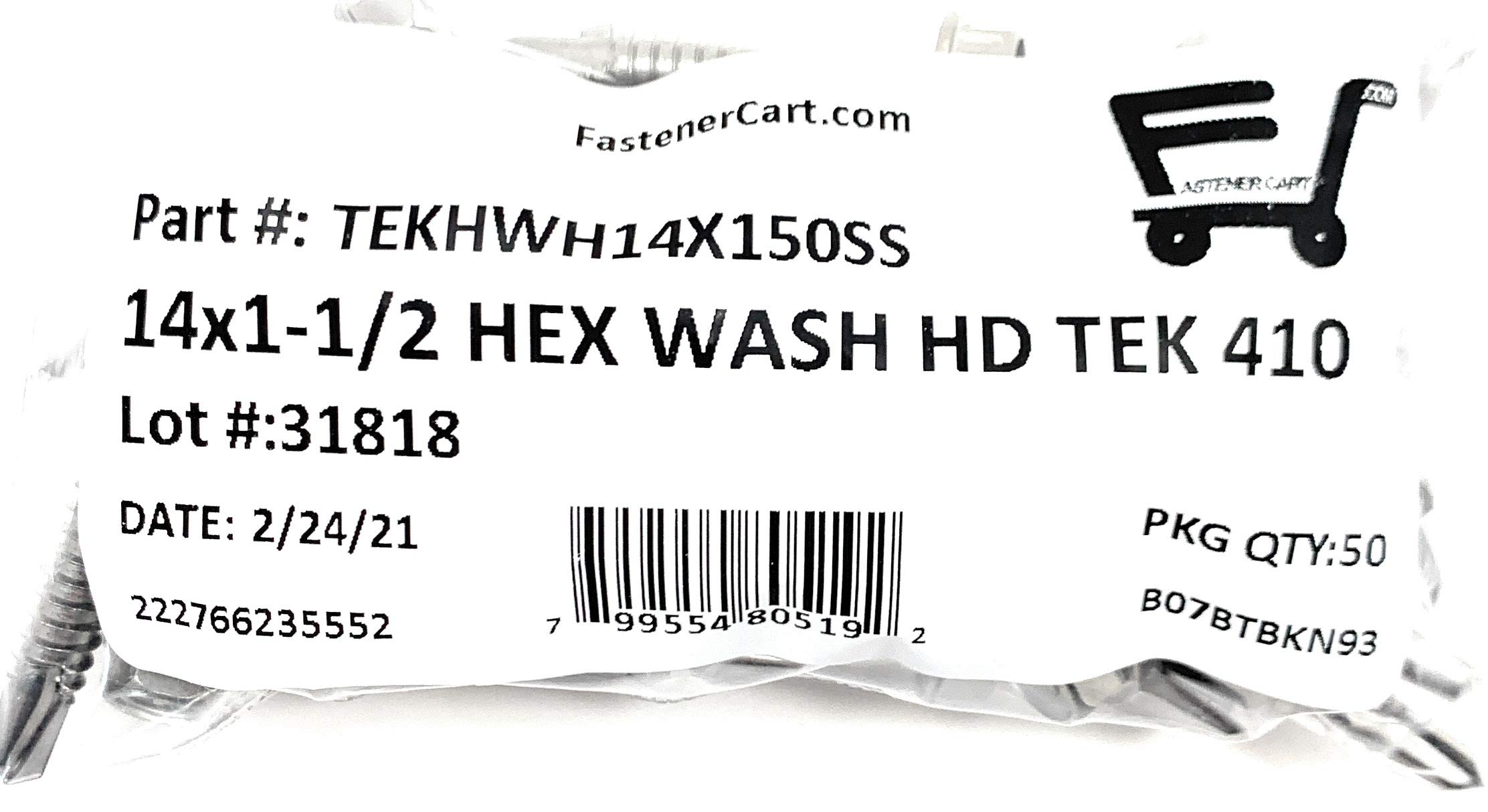 #14x1 1/2 Stainless Steel Hex Washer Head Self Drilling Tapping TEK Screw (410 Stainless Steel) 50 Pieces 14X1-1/2