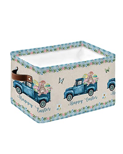 1 PCS Large Storage Basket Bins Waterproof Fabric, Easter Rectangular Storage Box for Shelf Closet Organizer Easter Egg Easter Bunny Butt Blue Plaid Spring Holiday Rustic