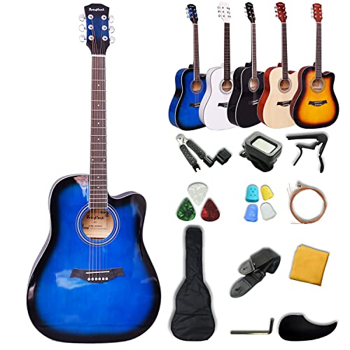 【US Warehouse】Acoustic Guitar Beginner 4/4 Full Size 41 inch Cutaway Grand Adult Starter Bundle Kit Gig Bag Strap Tuner Capo Pickguard String 4 Picks Cloth Right Hand Blue