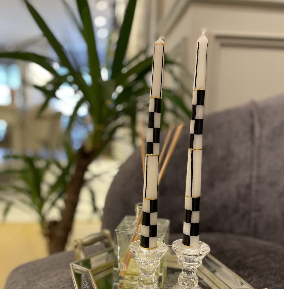 0 Handmade Decorative Hand Painted Taper Candles, 2 Pack | Checkered Black & White | for Dinner Table and Interior Decoration