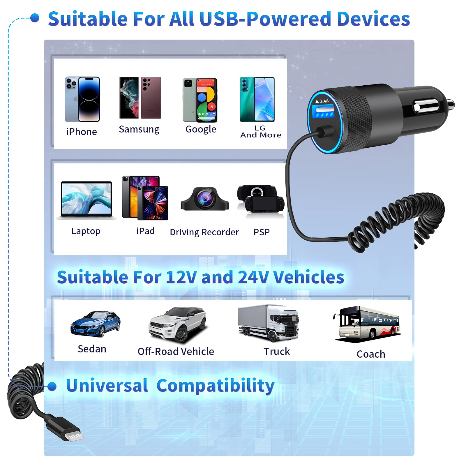 【MFi Certified】iPhone Fast Car Charger, Caiinei 4.8A Dual USB Power Car Charger Fast Charging Cigarette Lighter Adapter+6FT Coiled Lightning Cable for iPhone 14 13 12 11 Pro/XS Max/Mini/XR/X/8/SE/iPad