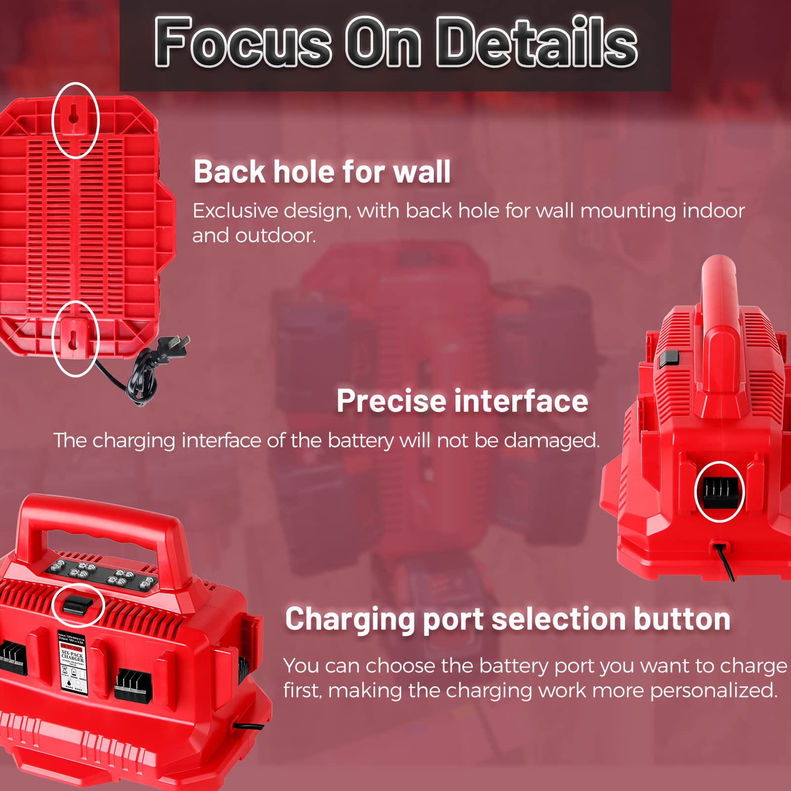 【6 Port & Wall Hole】 Replacement for Milwaukee M18 Battery Charger 6 Port 48-59-1806 18V for Milwaukee Multi Charger with Power Choose Button,6 LED Indicators