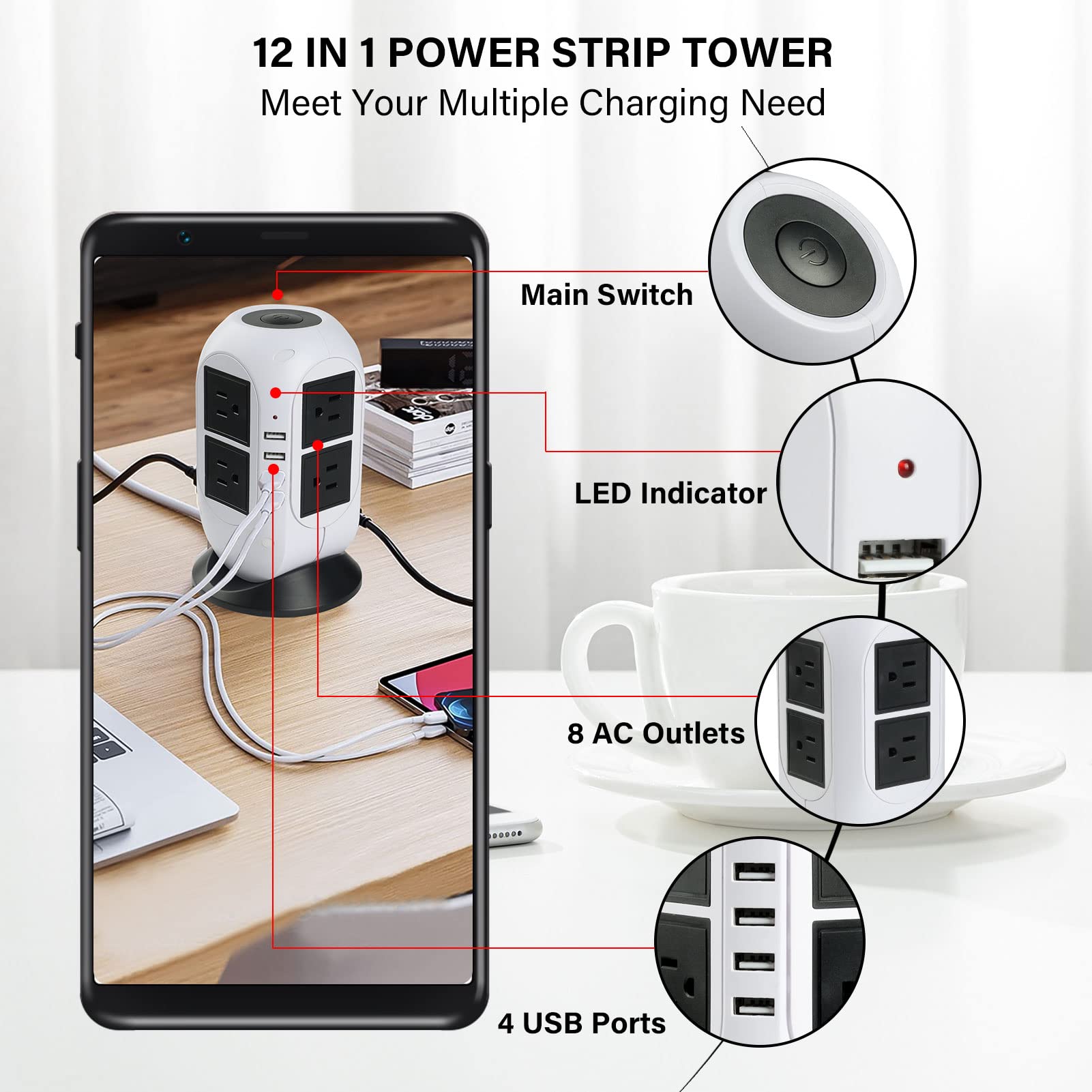 【5M】 Surge Protector Power Strip Tower with USB. TEEMDOM 12 in 1 Power Strip with USB Ports,Surge Protector Tower with 8 Outlets mit 4 USB, 5M/15 FT Long Extension Cord with Multiple Outlets for Home…