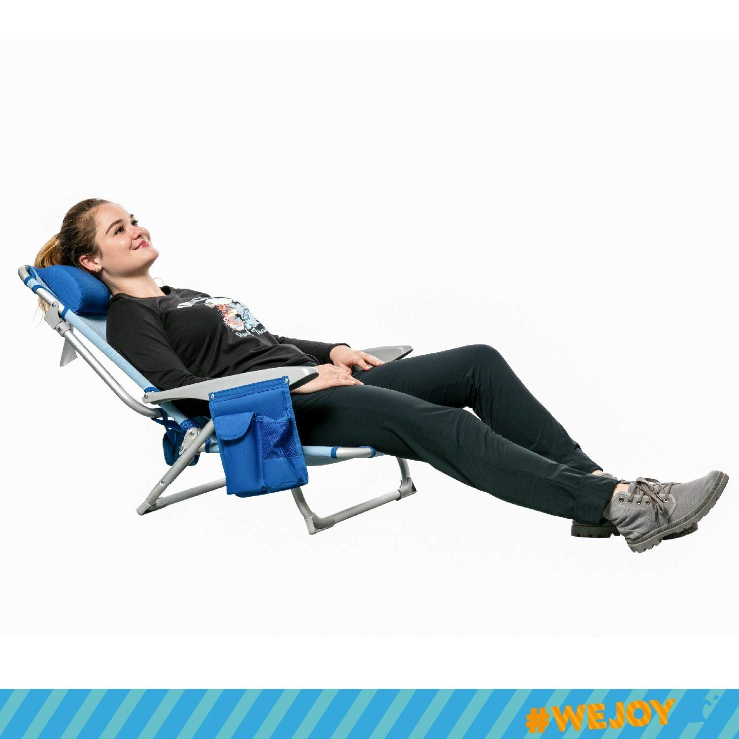 #WEJOY Folding Beach Chair for Adults, 4-Position Lightweight Beach Chair, Low Beach Chairs with Shoulder Strap, Cup Holder and Headrest, Supports 265lbs for Beach Lawn (Blue)