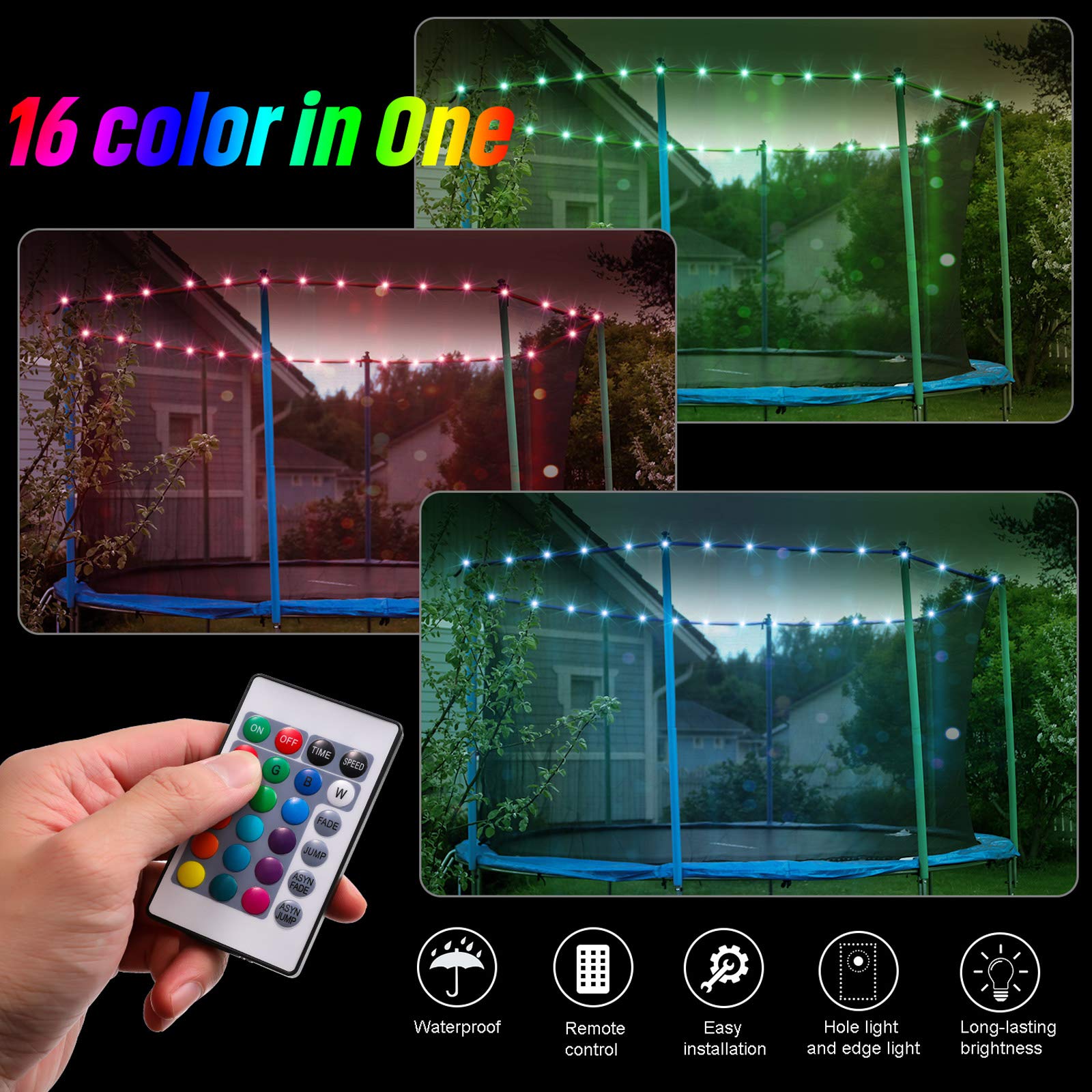 【Upgraded Large Volume&Longer Version】 LED Trampoline Lights,Remote Control Trampoline Rim LED Light for 12Ft Trampoline, C Battery Box, 16 Color Change, Waterproof, Bright to Play at Night Outdoors