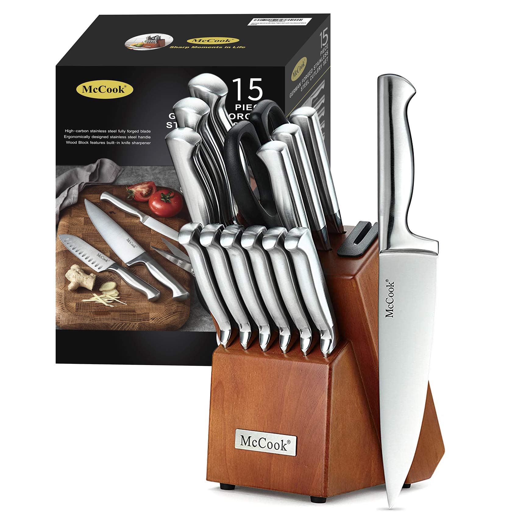 【What Yout Get】MC29 15 Pieces German Stainless Steel Knife Block Sets with Built-in Sharpener + McCook MC59B Steak Knives Set of 6
