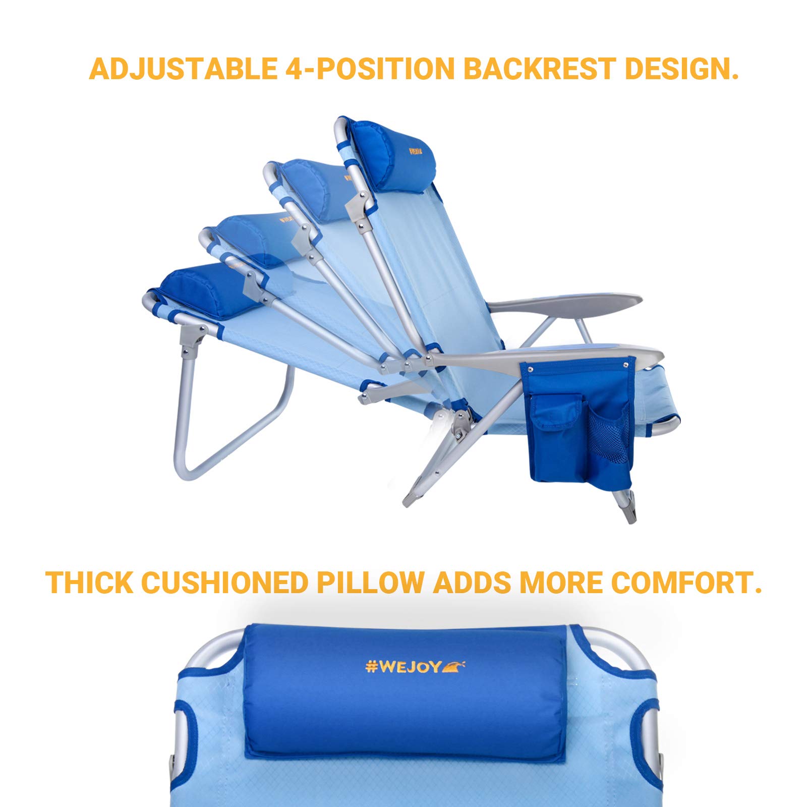 #WEJOY 4-Position Portable Reclining Beach Chair Lay Flat Stable Lightweight Folding Beach Chair with Removable Pillow, Side Pockets, Shoulder Strap, Supports 265 lbs
