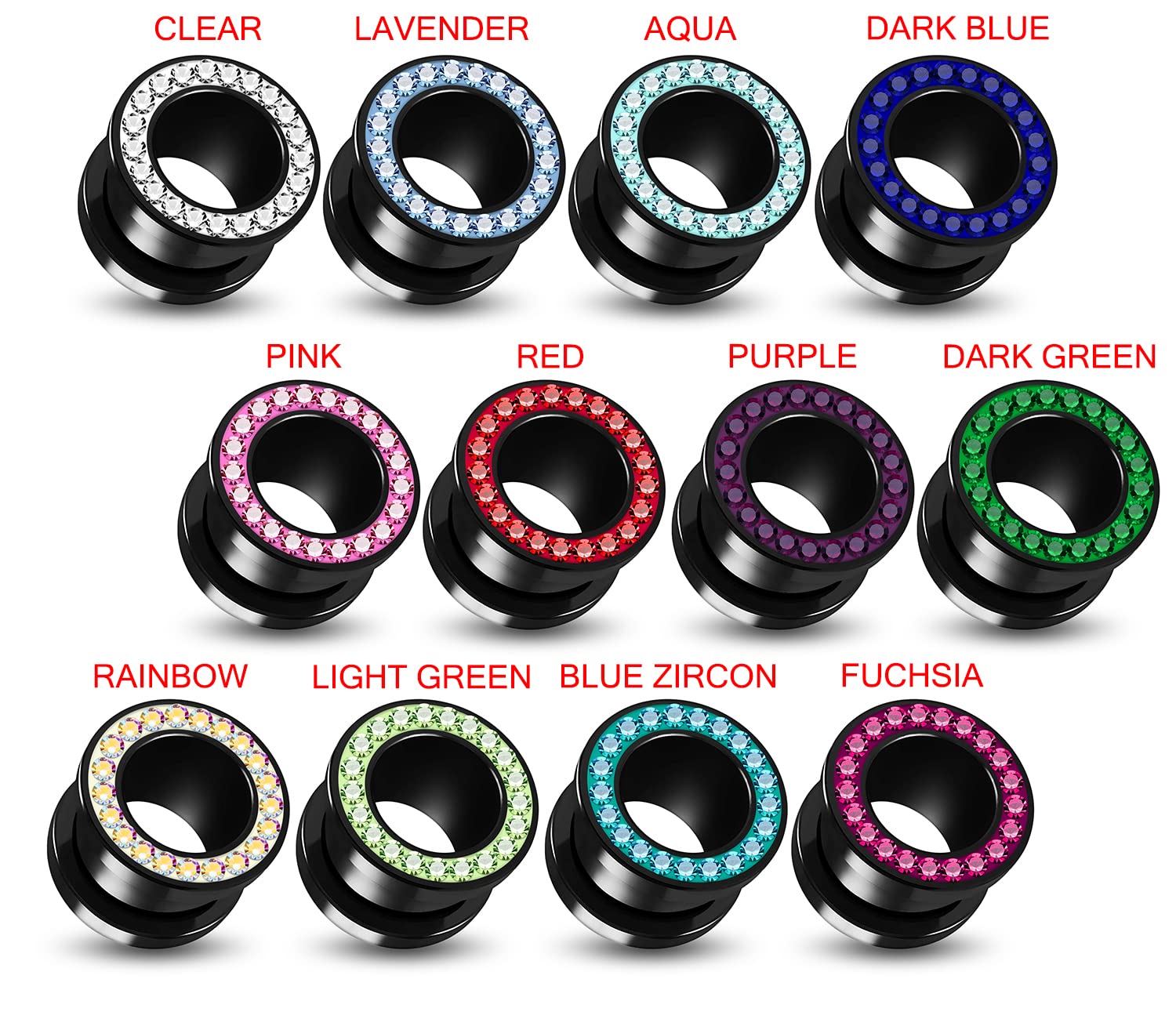 0 Gauge - 8MM Multi Purple Crystals Stone Setting On Black UV Acrylic Flesh Tunnel - Sold by Piece