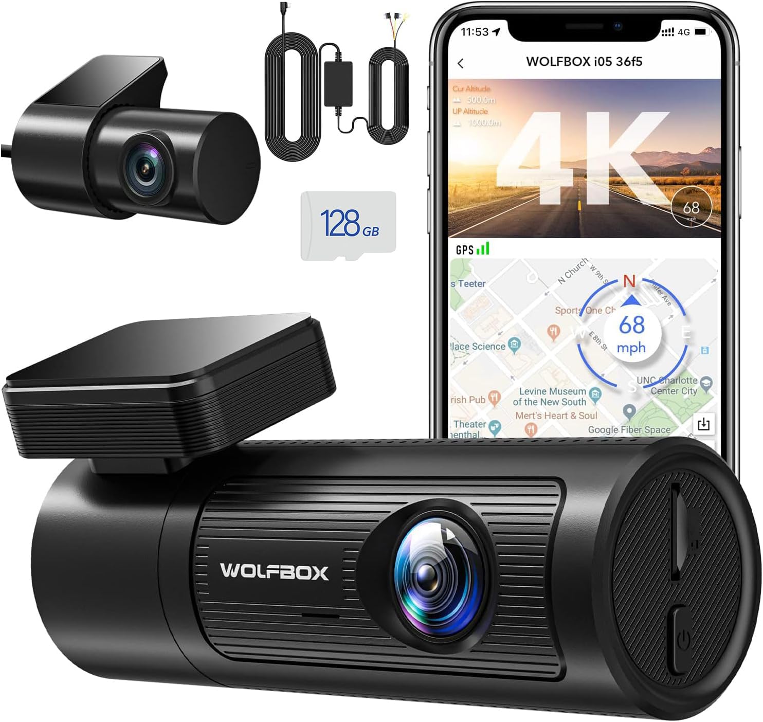 【WOLFBOX i05 Dash Cam + Type-C Hardwire Kit+128G Card】 i05 Dash Cam with Type-C Hardwire,128G Card Kit