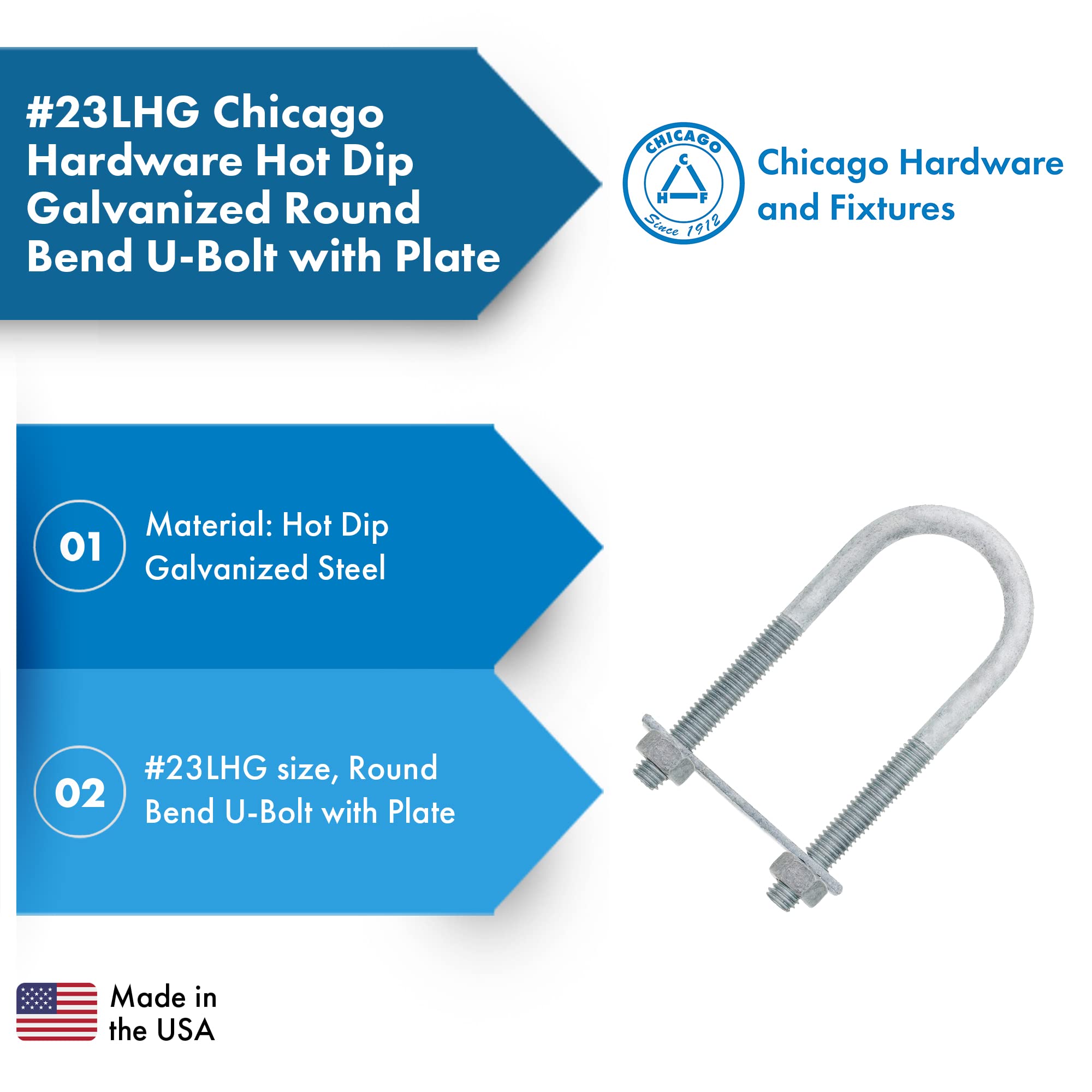 #23LHG Chicago Hardware Hot Dip Galvanized Round Bend U-Bolt with Plate