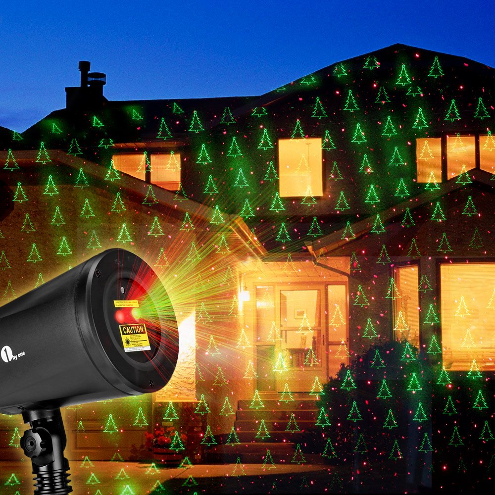 1 BY ONE OUS00-0817 Laser Green Christmas Tree and Red Stars Show, Projection Lights for Xmas, Holiday, Party, and Garden Decoration