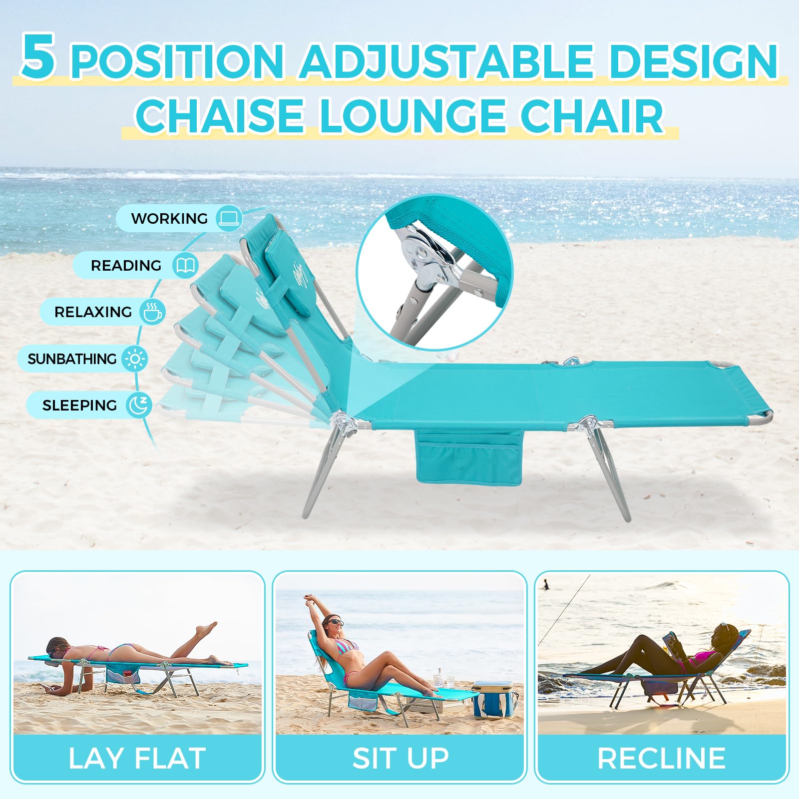 #WEJOY Chaise Lounge Chair with Face Arm Hole Foldable Patio Sun Chair with Adjustable Backrest and Padded Pillow Heavy Duty Folding Beach Lounger for Camping Sunbathing Lawn Pool Garden Yard